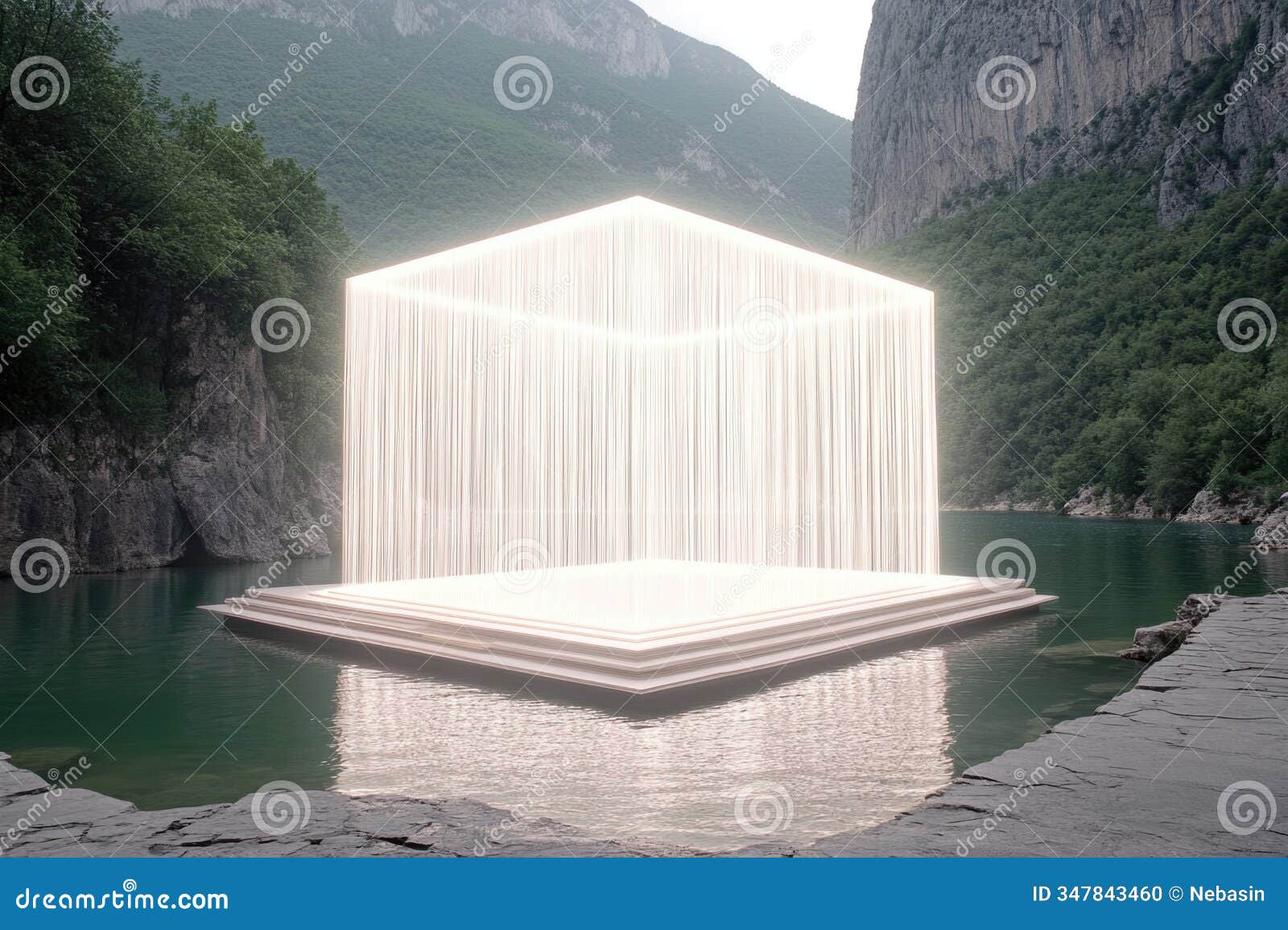 Luminous Cube Sculpture in Serene Mountain Lake Setting Stock Photo ...