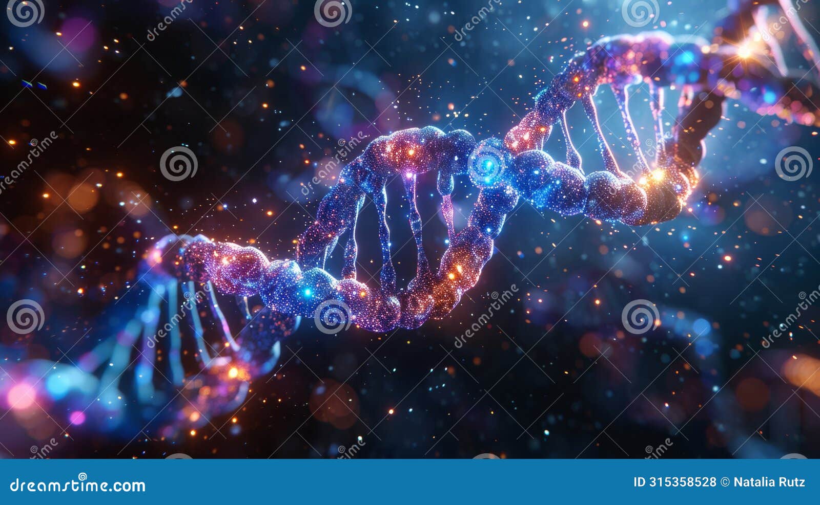 A Luminous DNA Strand Twists Against a Cosmic Backdrop Stock Photo ...