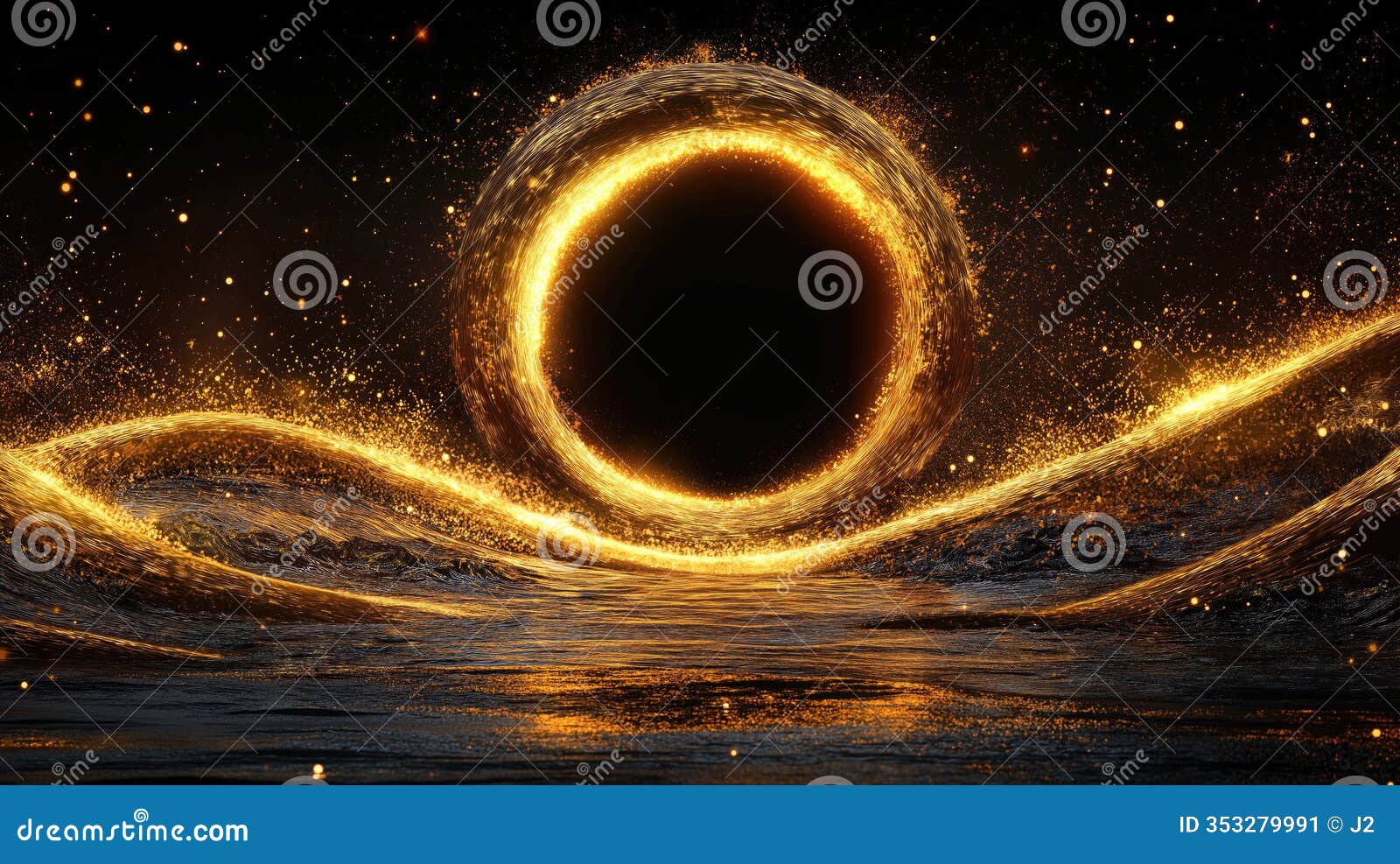 Luminous Gold Ring In Cosmic Wave Setting With Sparkling Particles ...