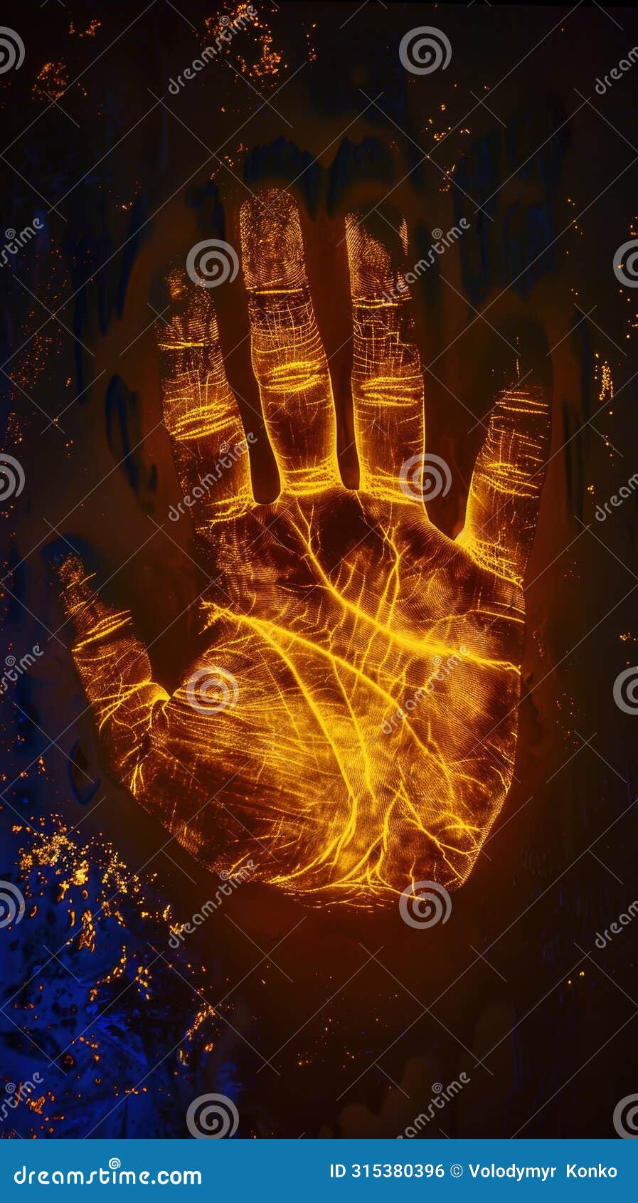 Luminous Handprint on Dark Surface Stock Photo - Image of futuristic ...