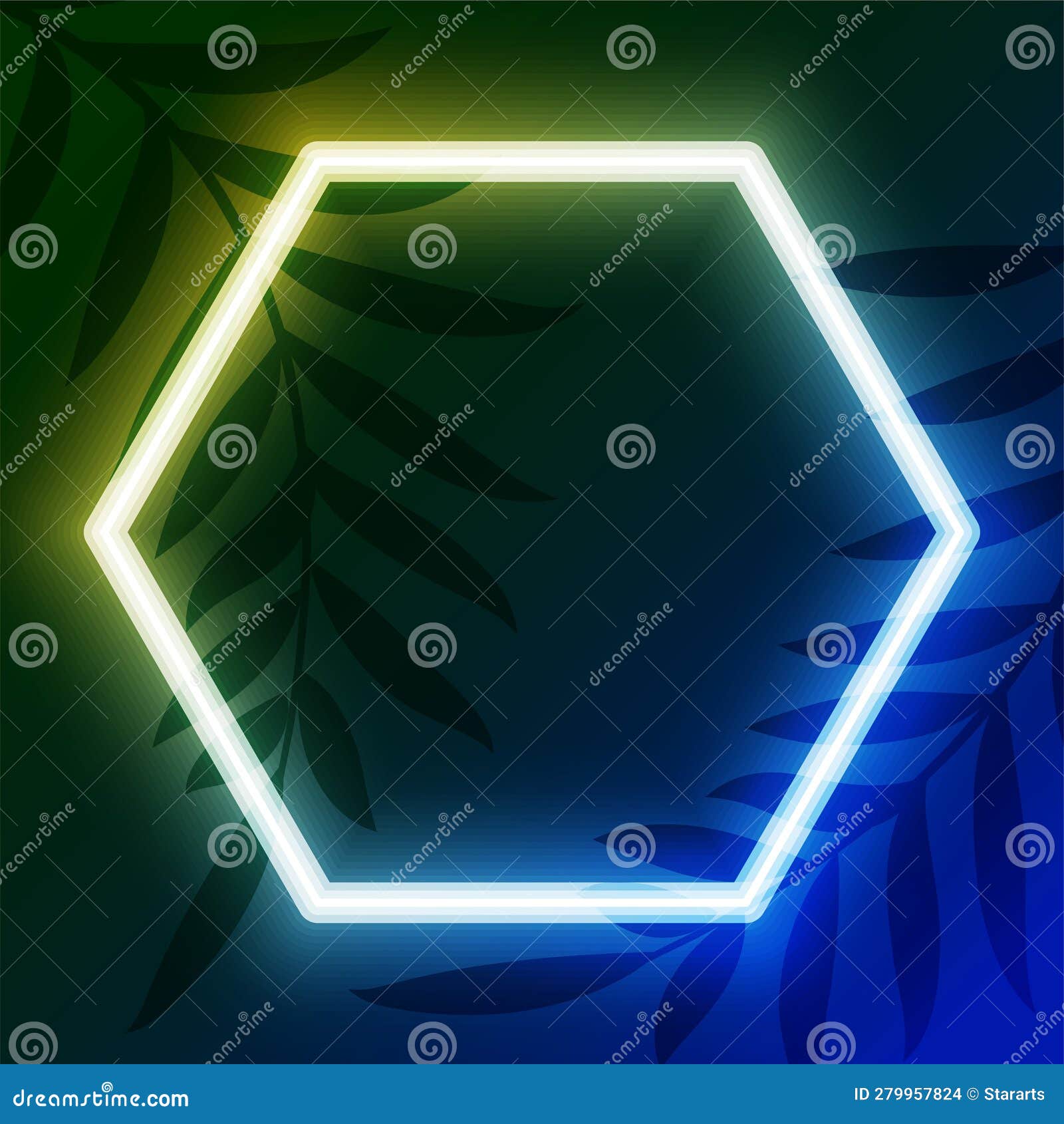 Luminous Hexagon Neon Laser Frame Background with Leaves Design Stock ...
