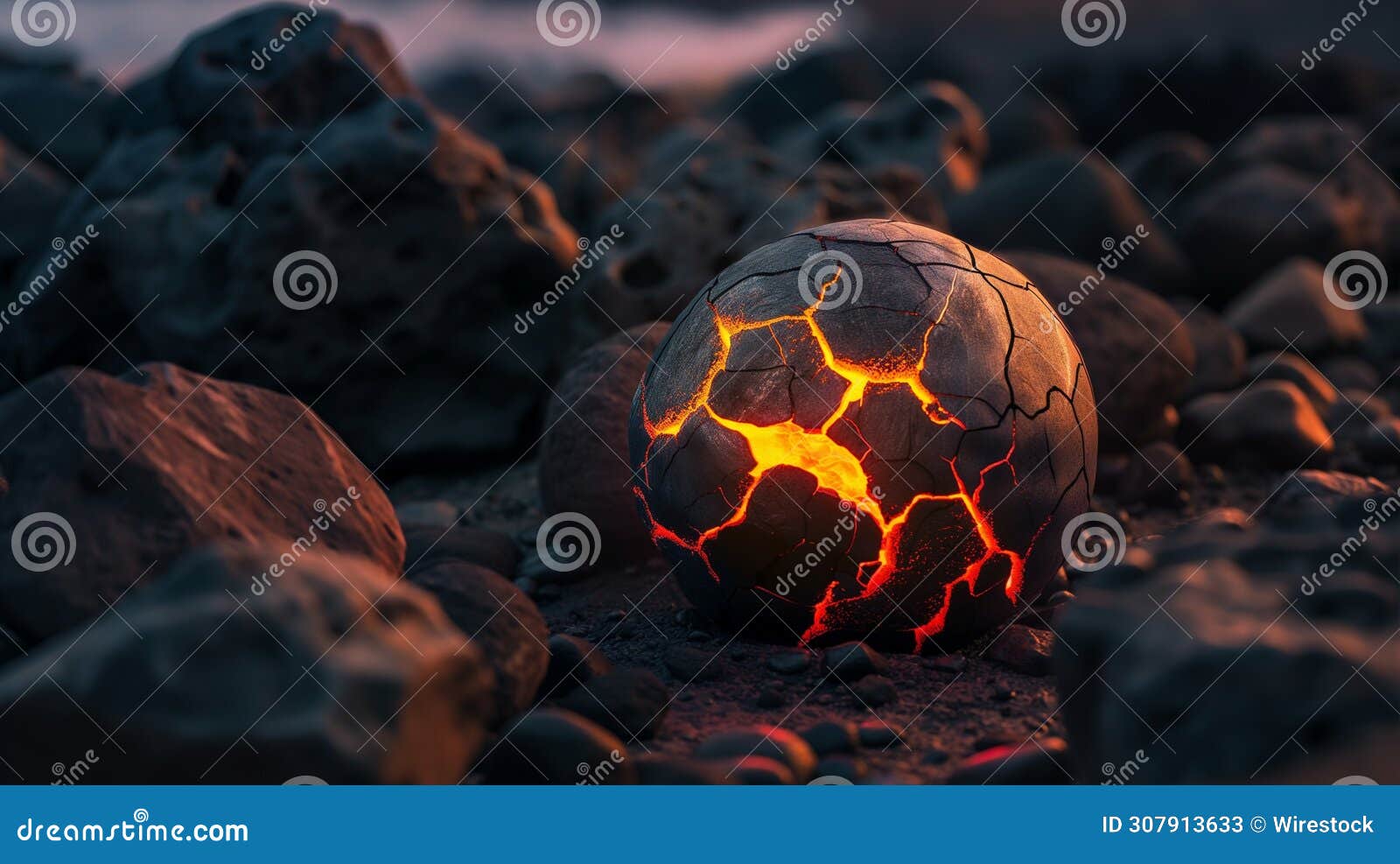 A Luminous Iron Sphere with Lava Inside Cracking Against Rocks Stock ...