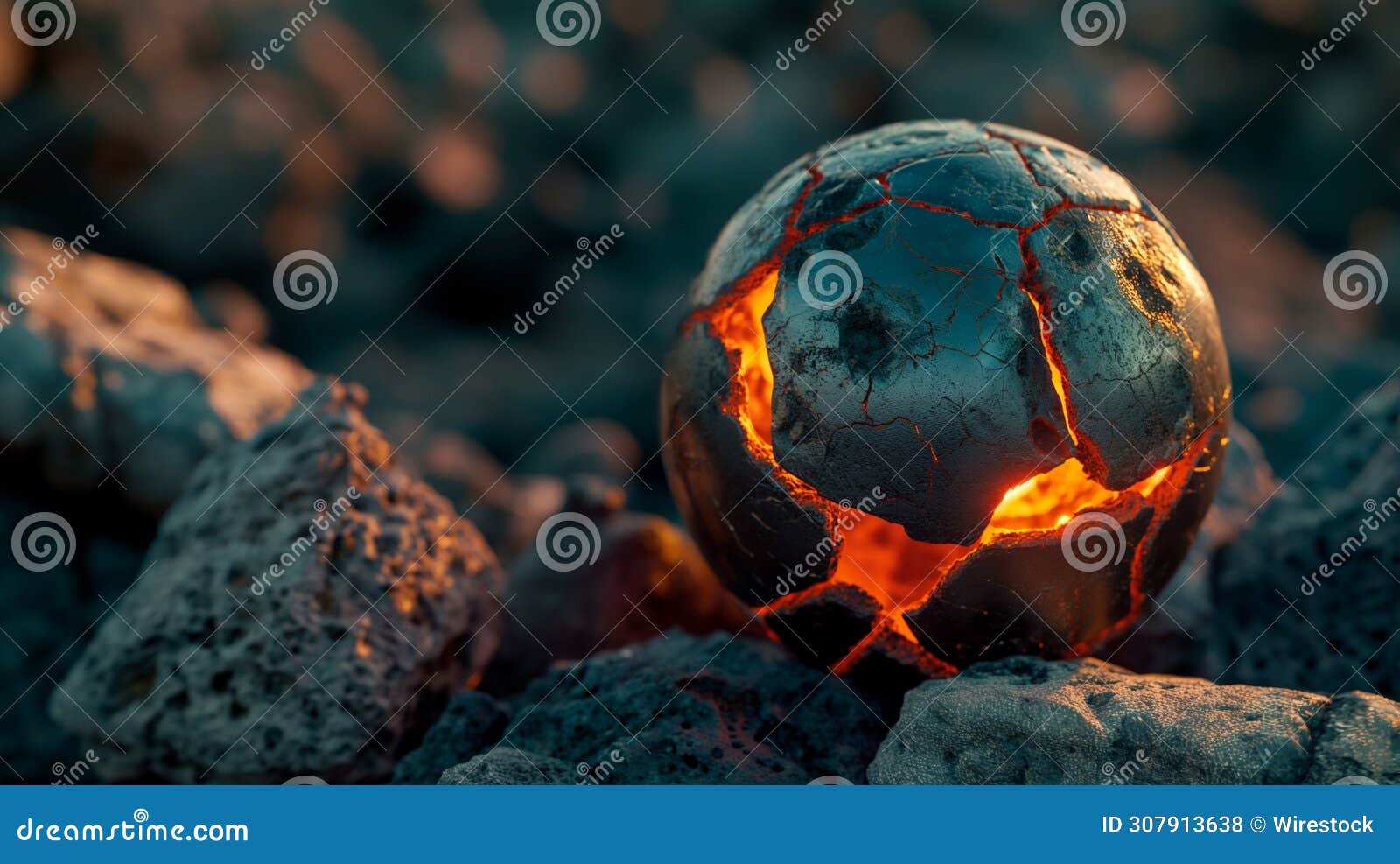 A Luminous Iron Sphere with Lava Inside Cracking Against Rocks Stock ...