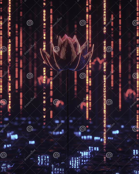 Lotus Flower Illuminated by Vibrant Rainbow Lights with Digital Binary ...