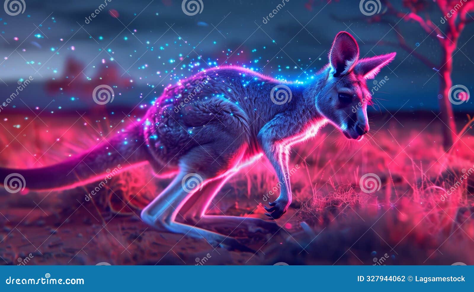 Luminous Neon Kangaroo Hopping through a Neon Desert Stock Illustration ...