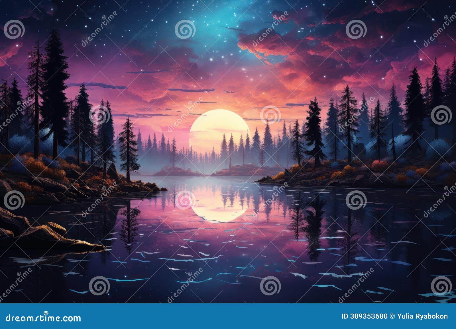 Luminous Neon Moon Lake. Generate Ai Stock Illustration - Illustration ...
