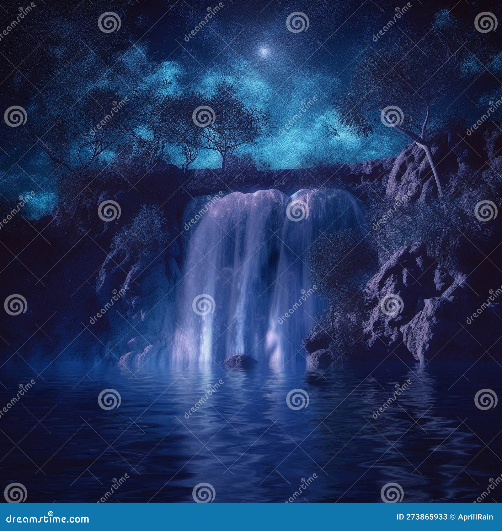 Luminous Night Waterfall Under the Moon Stock Illustration ...