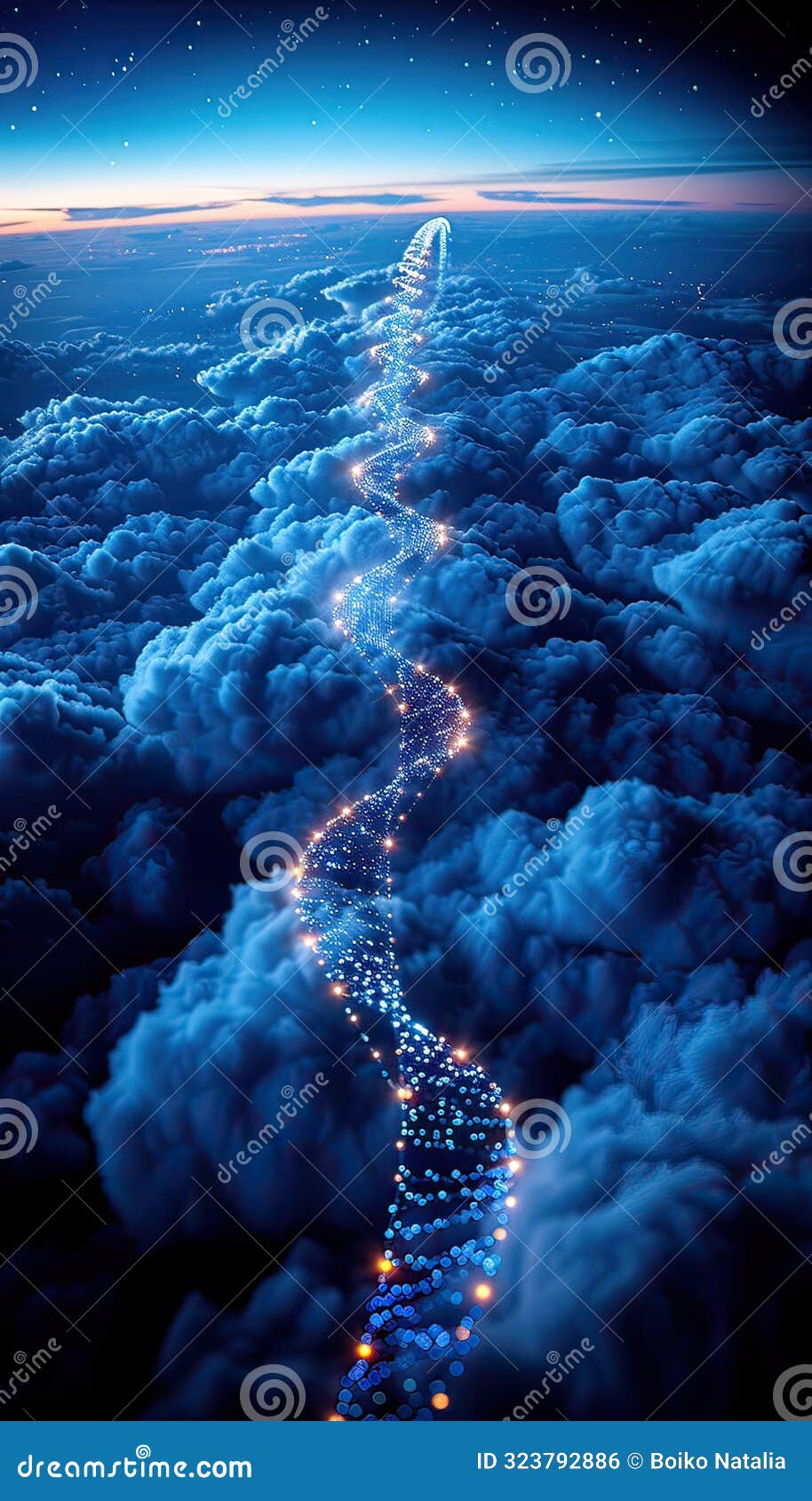 At Night, a Path of Lights Shining Amidst the Clouds in the Sky Stock ...