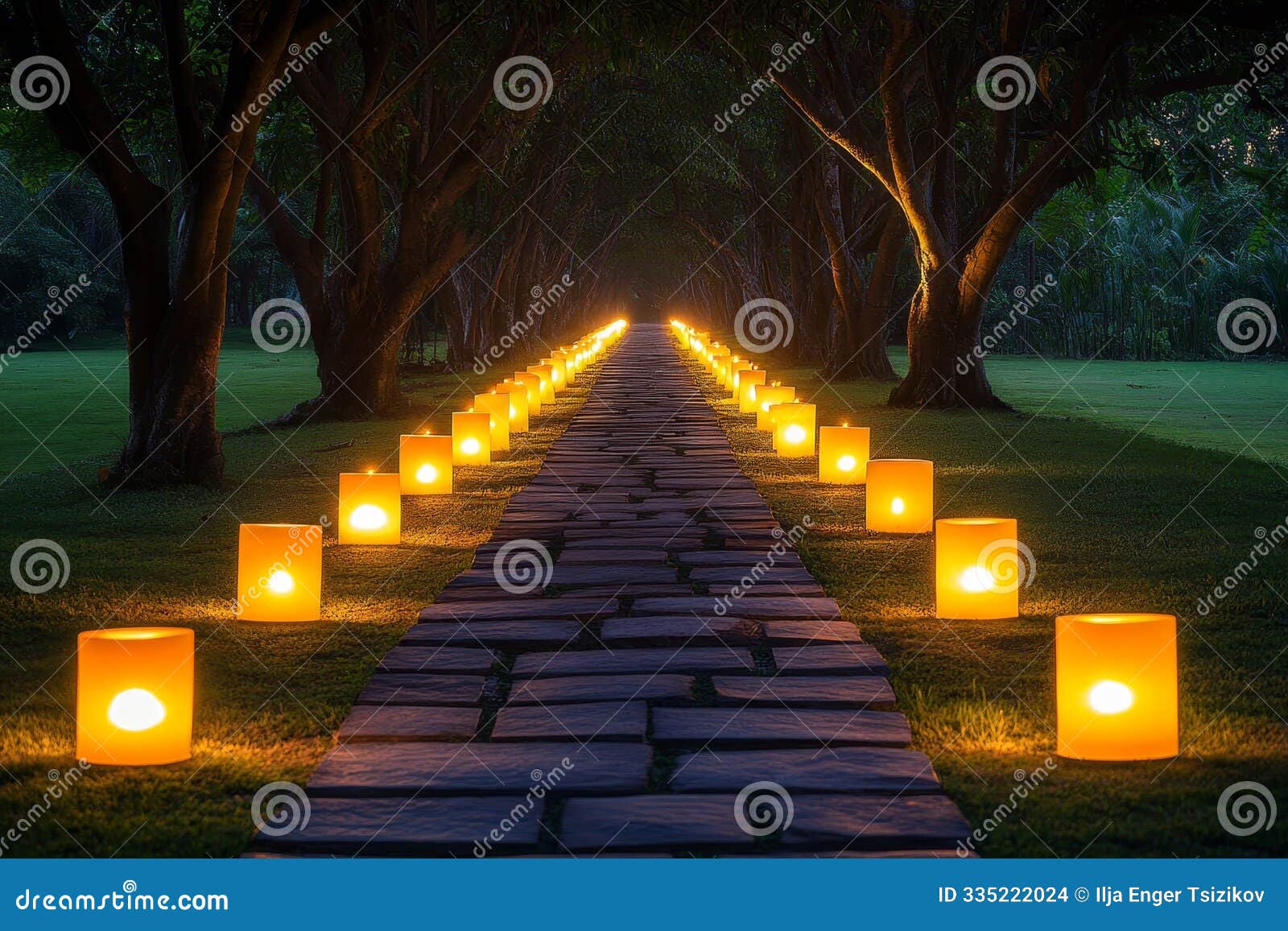Luminous Pathway Romantic Lit Candles Line a Stone Path Under a Canopy ...