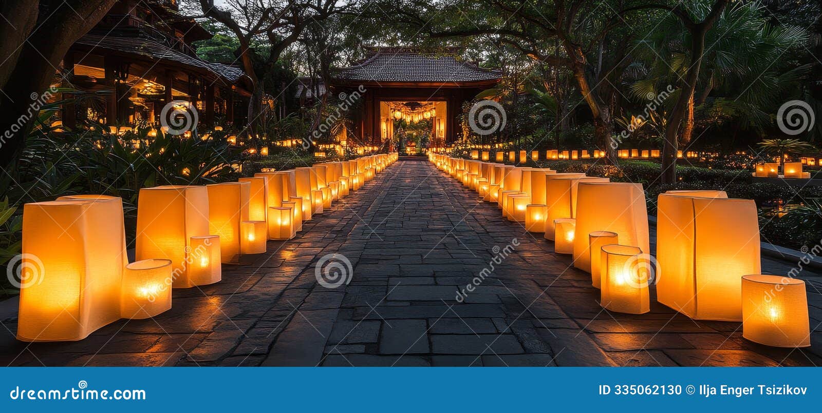 Luminous Pathway Stone Path Lined with Glowing Paper Lanterns Leads To ...