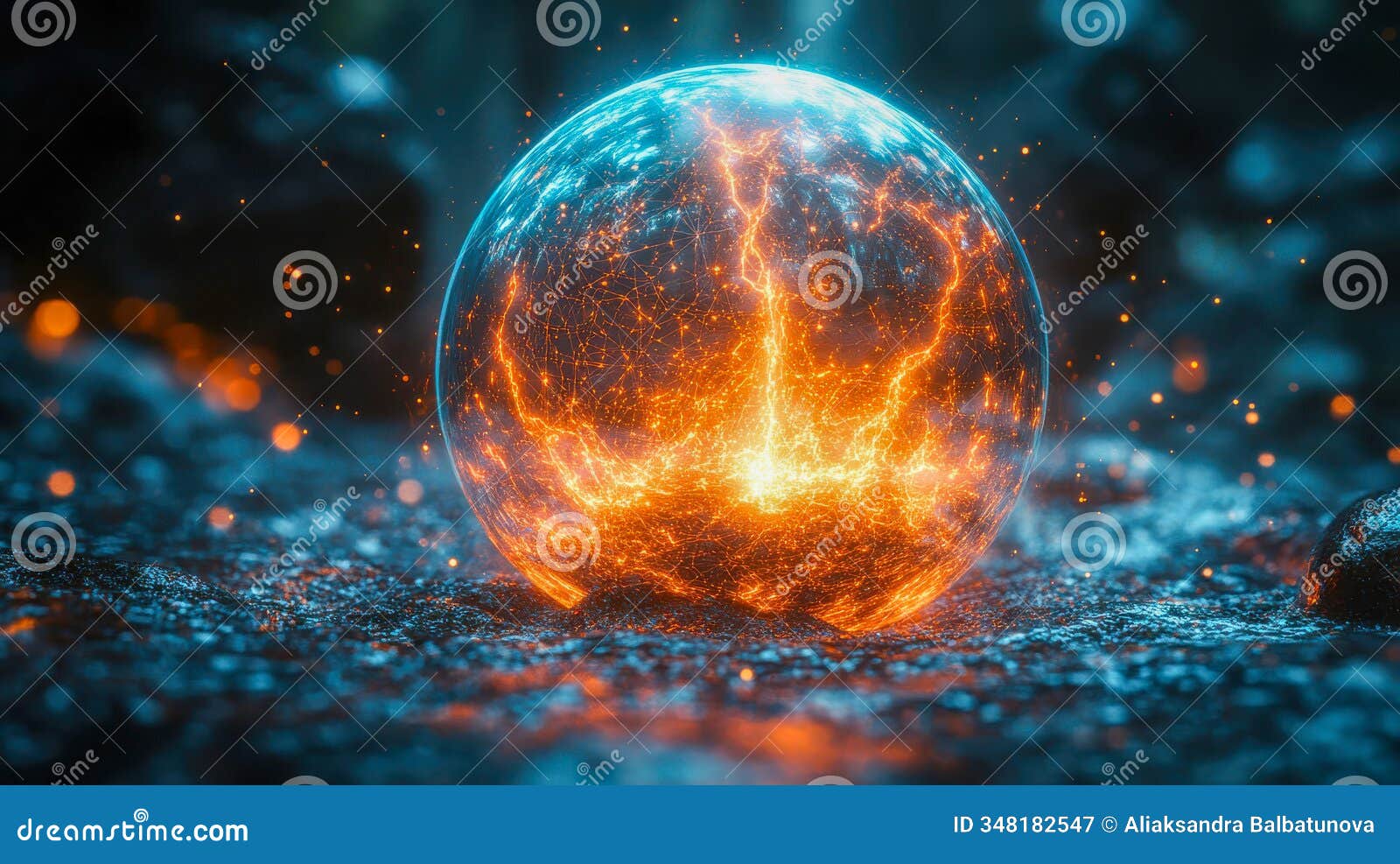 A Luminous Sphere with Glowing Orange Cracks, Surrounded by Intricate ...