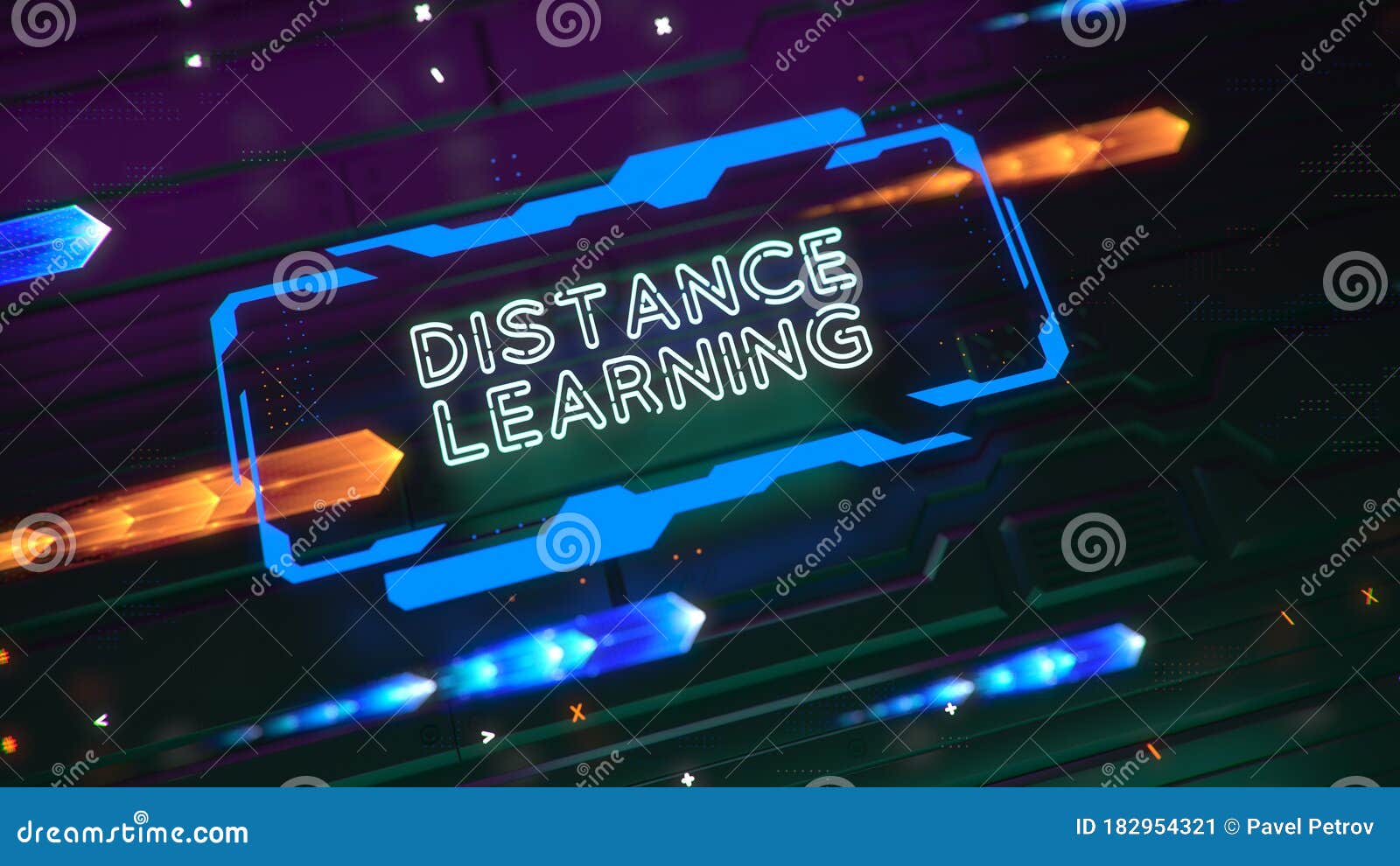 A Luminous Tech Sign with the Inscription DISTANCE LEARNING. Abstract ...