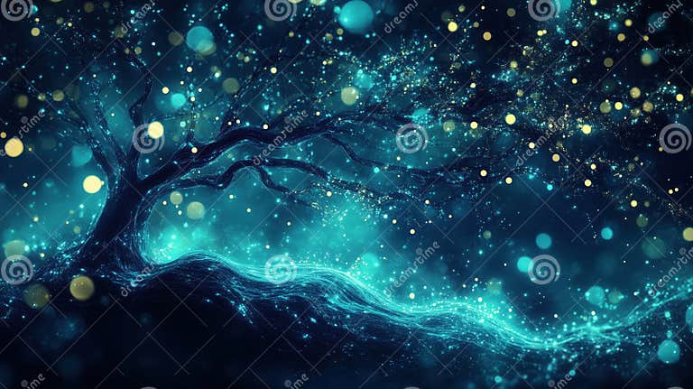 Luminous Tree with Glowing Particles in Dark Backdrop Stock Photo ...