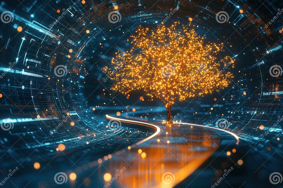Brightly Lit Tree Surrounded by Digital Patterns and Glowing Pathways ...
