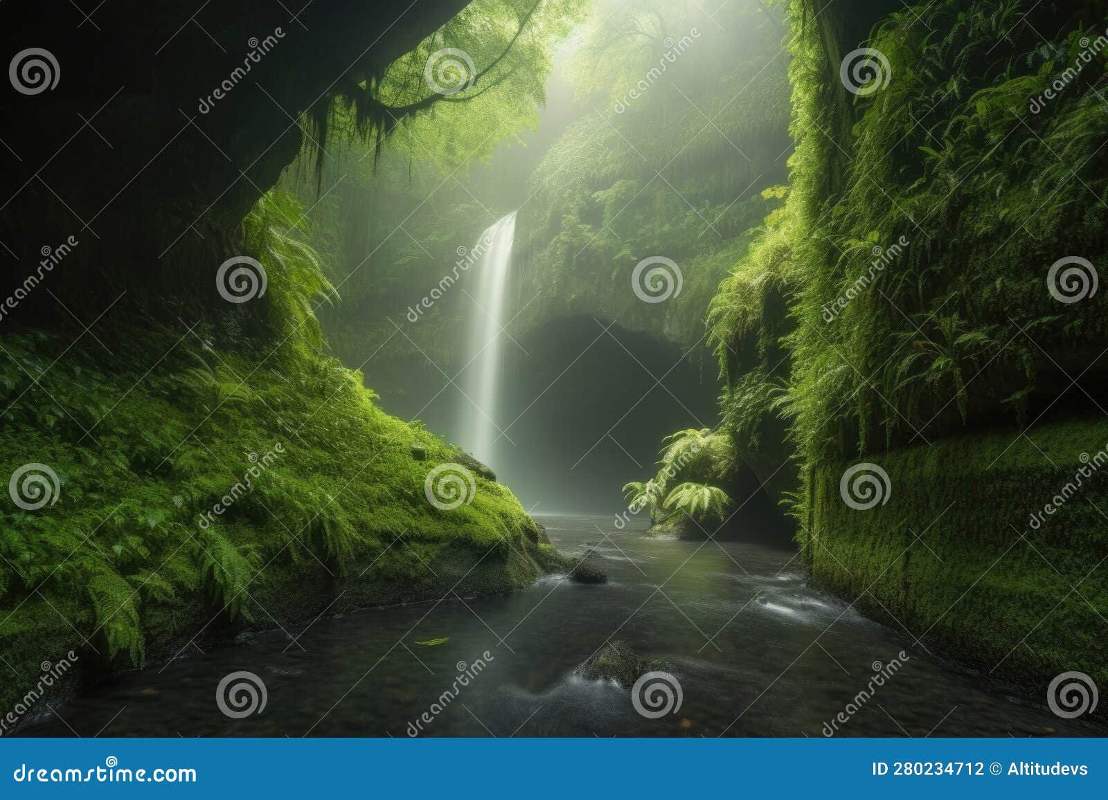 Luminous Waterfall, Surrounded by Mist and Greenery Stock Photo - Image ...