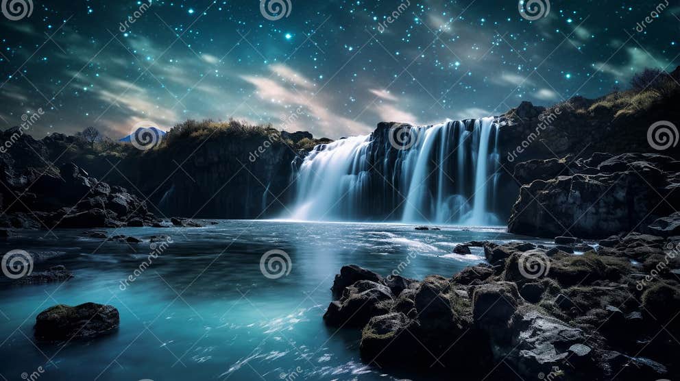 A Luminous Waterfall Under a Starry Sky Stock Illustration ...