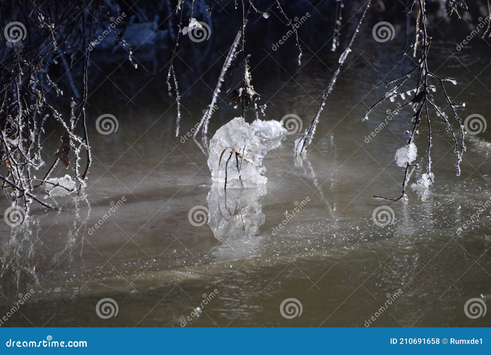 Lumpy Chunks of Ice on Branches Brush the Water Stock Photo - Image of ...