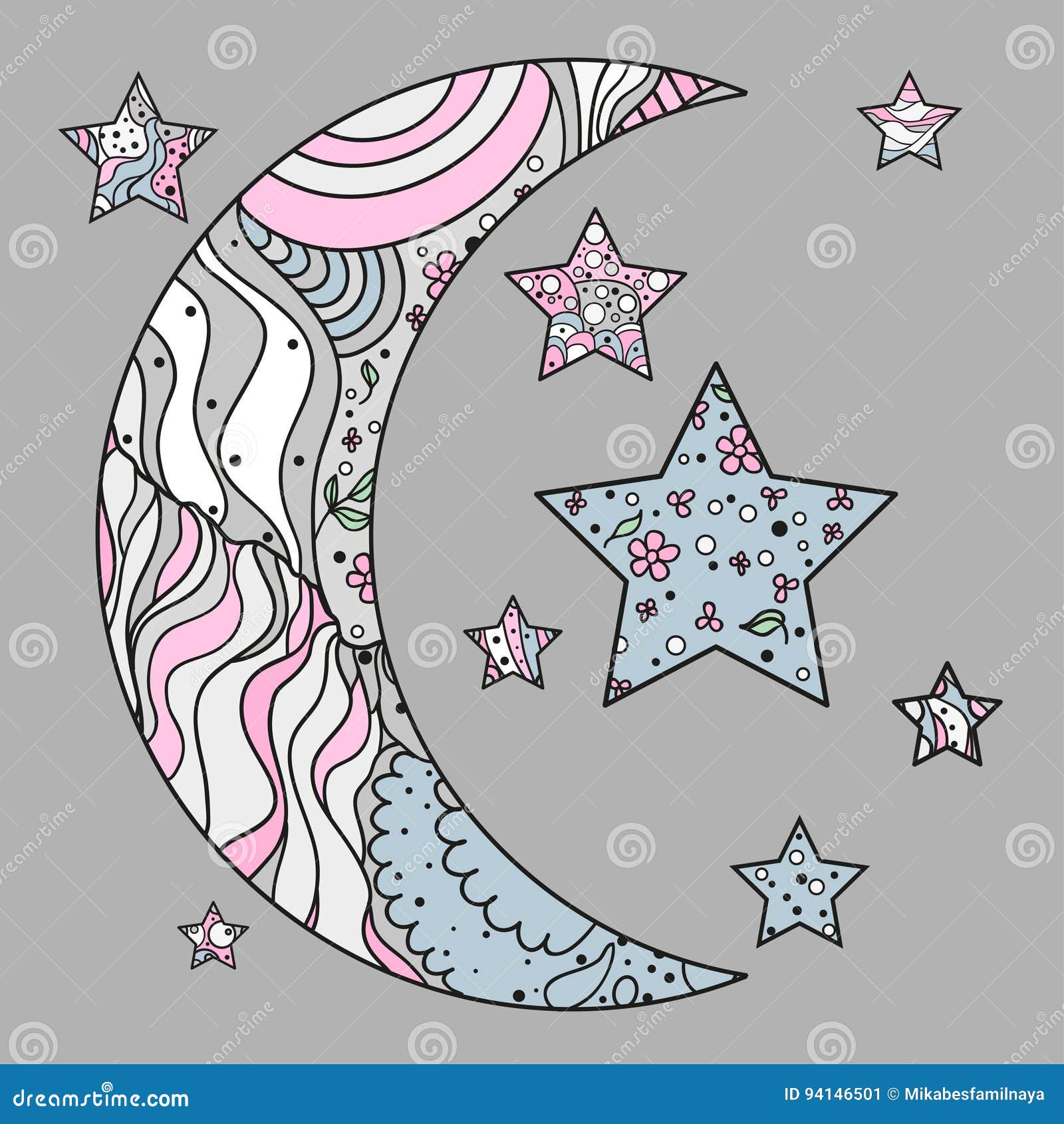 Luna E Stella Di Zentangle Con I Modelli Astratti Illustrazione ...