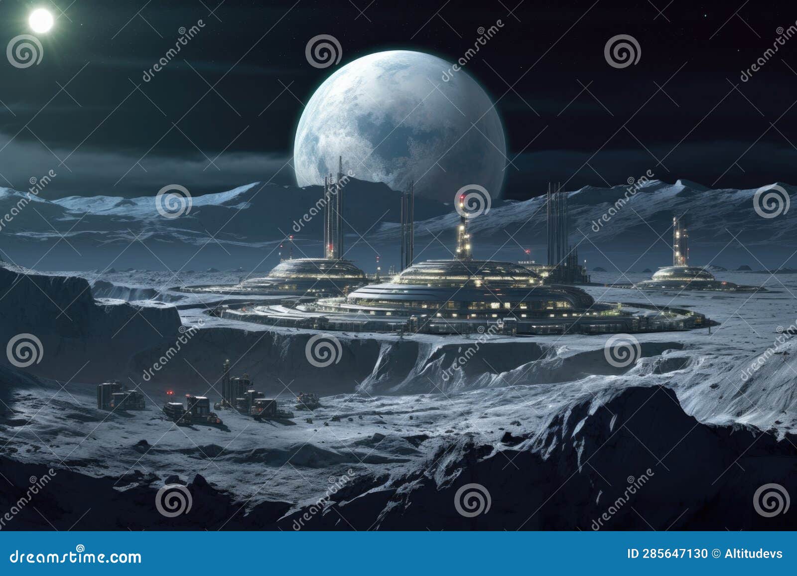 Lunar Base Illuminated Under Earthrise Backdrop Stock Photo ...