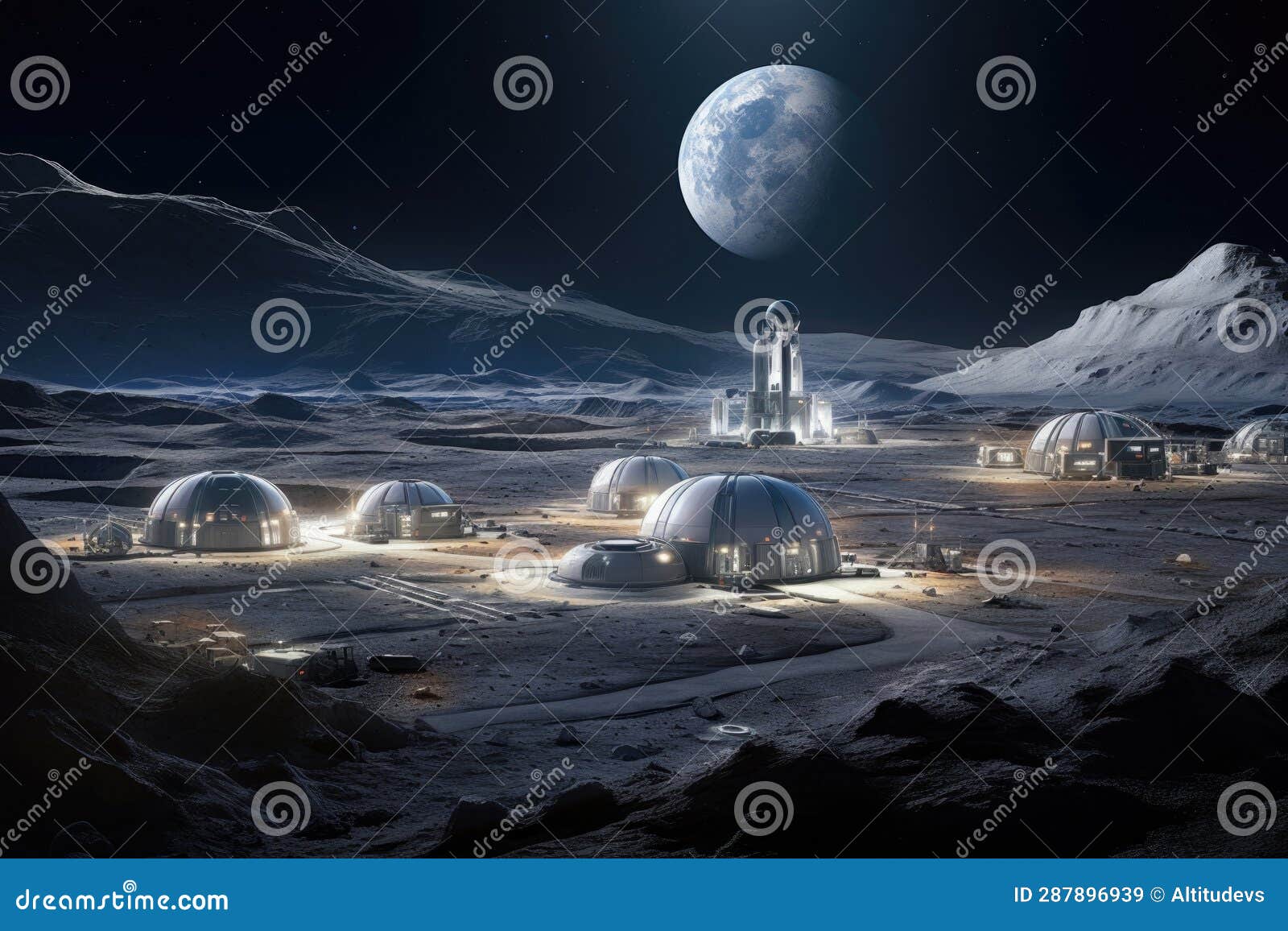 Lunar Base Illuminated Under Earthrise Backdrop Stock Image ...