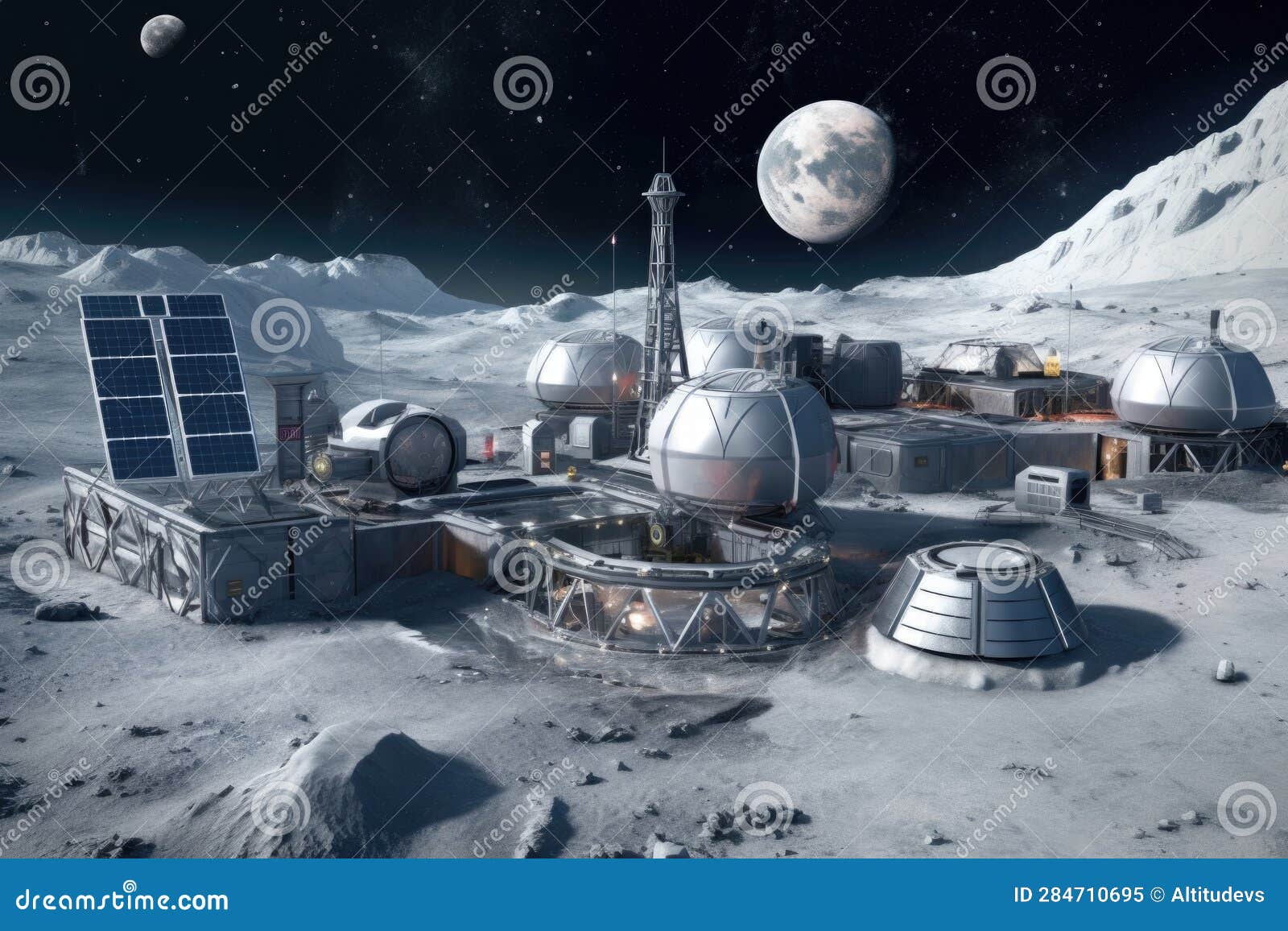 Lunar Base with Solar Panels and Telescopes Stock Image - Image of ...