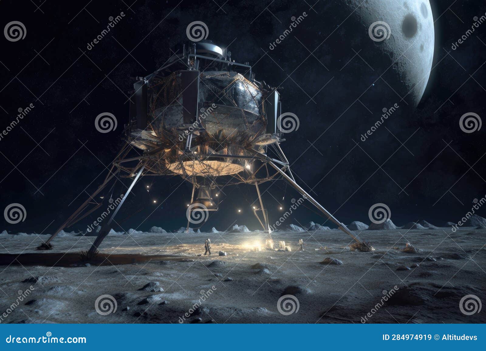Lunar Lander Touching Down on Moons Surface Stock Illustration ...