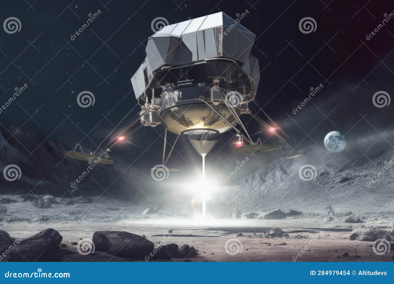 Lunar Lander Touching Down on Moons Surface Stock Illustration ...
