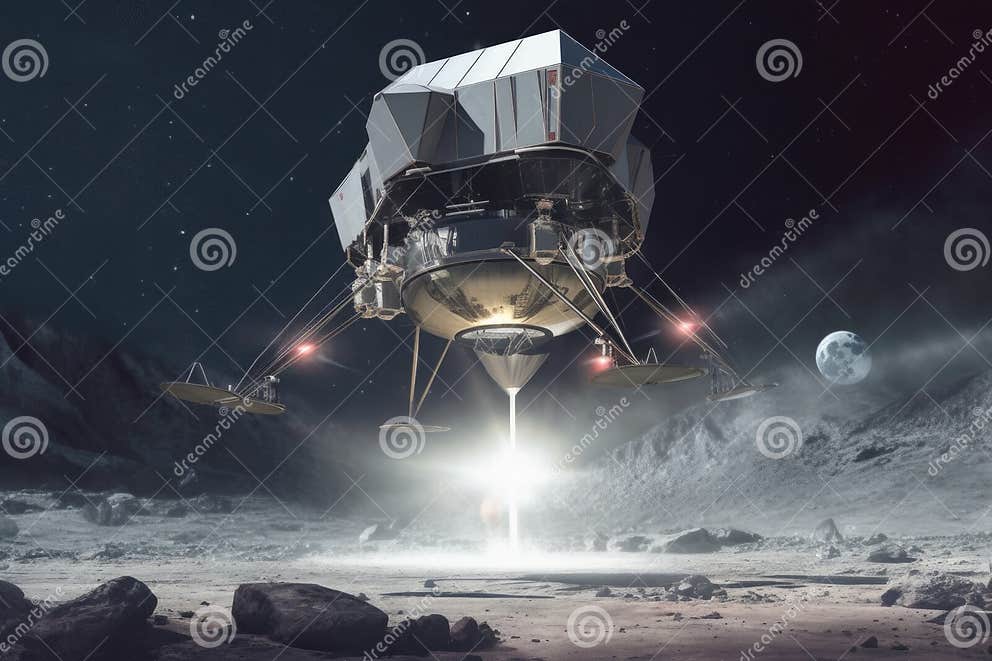 Lunar Lander Touching Down on Moons Surface Stock Illustration ...