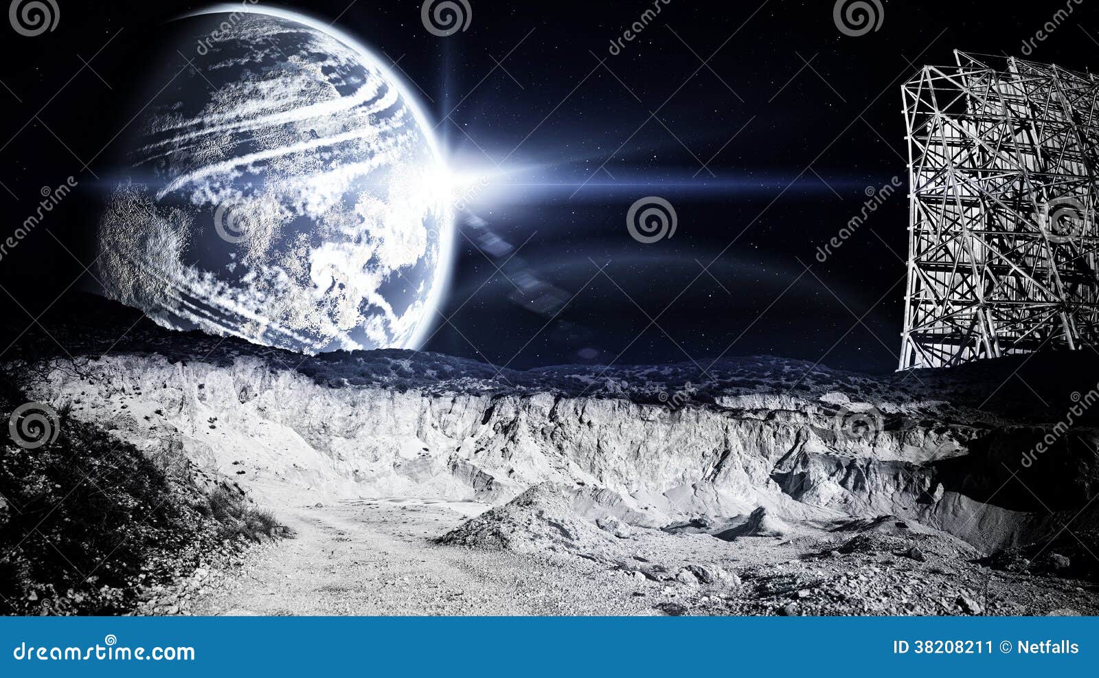 Lunar landscape with radar stock illustration. Illustration of universe ...