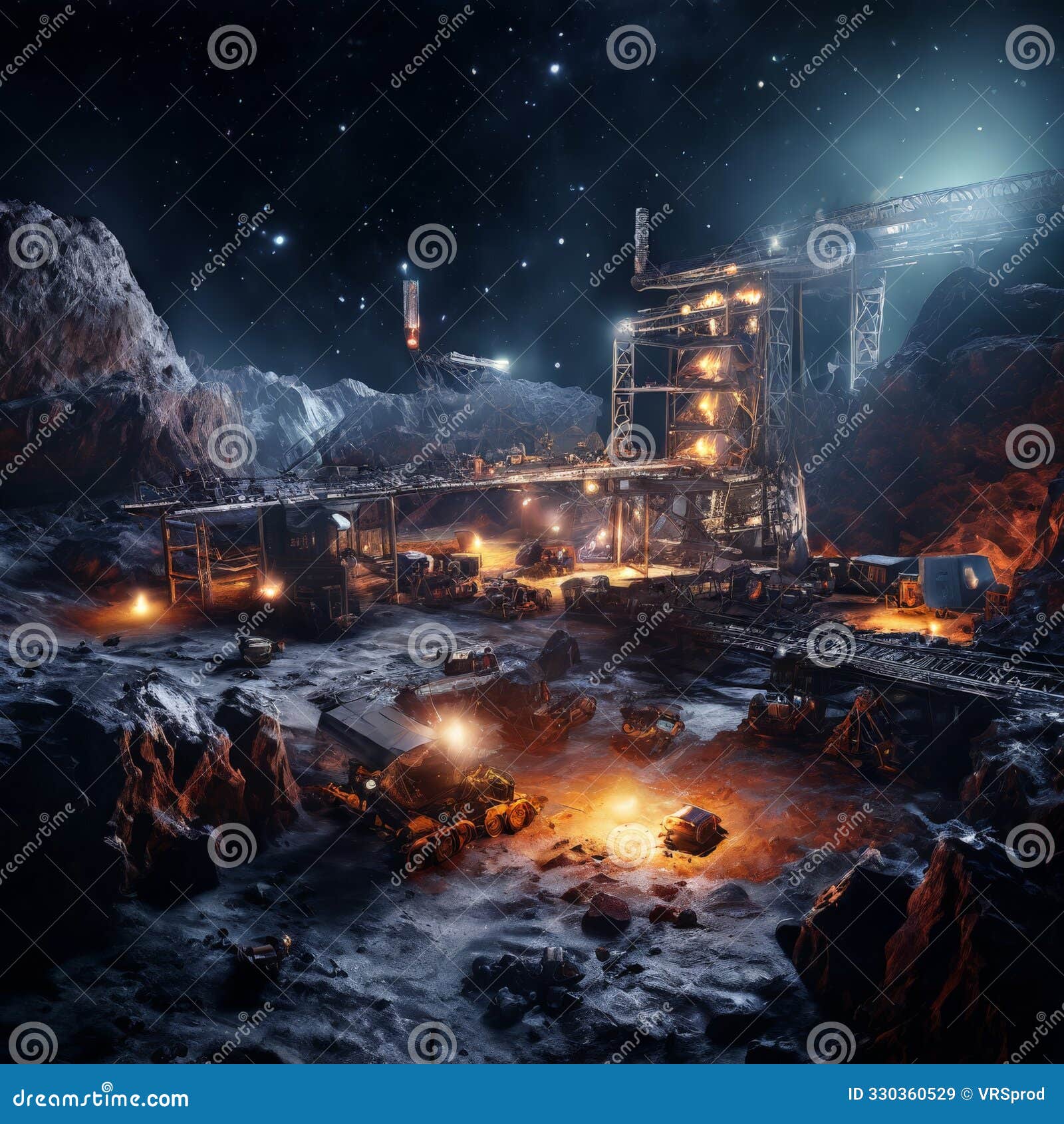 Lunar Mining Facility Illuminated Under a Starry Night Sky Stock Image ...