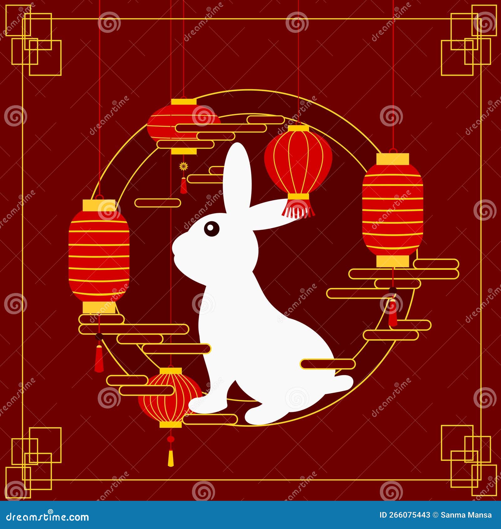 Lunar New Year Poster with Rabbit, Lampion, and Nicely Frame Stock ...