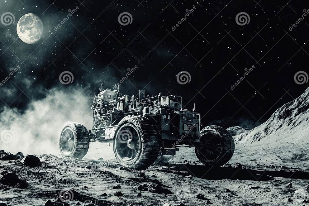 Lunar Rover Exploring Moon Surface Under Bright Sunlight Stock Photo ...