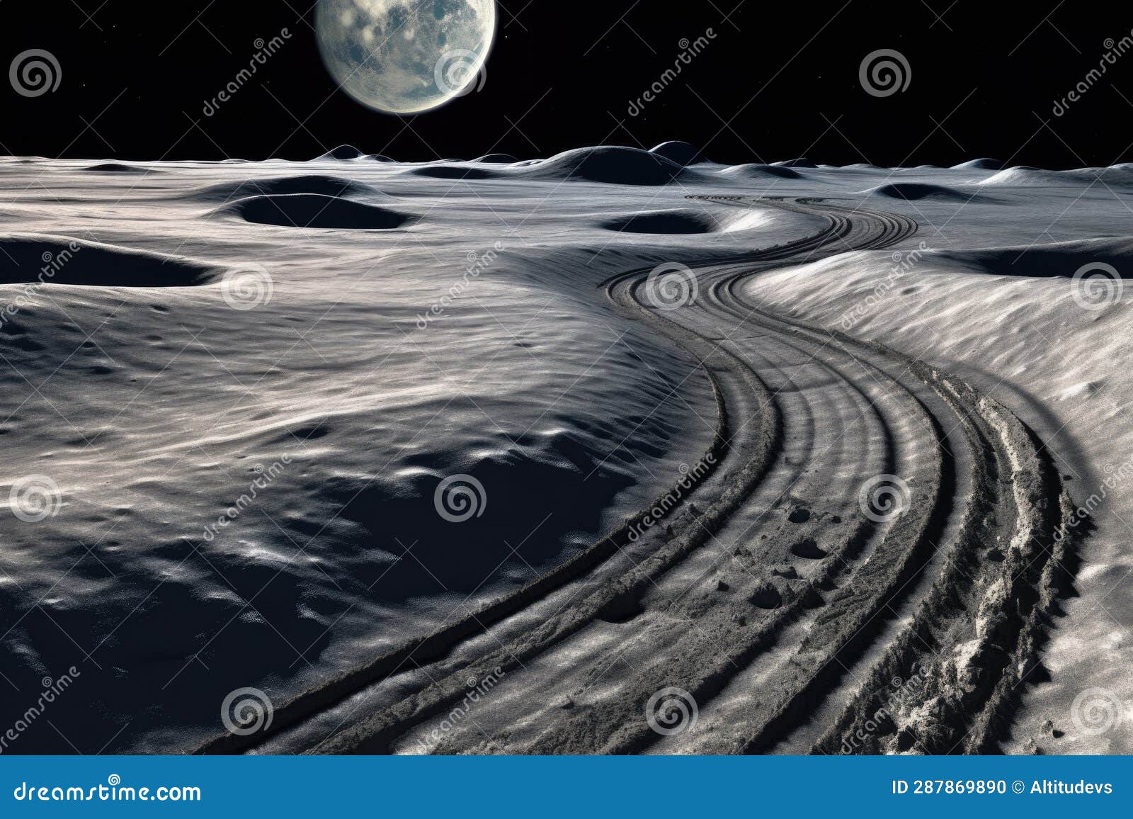 Lunar Rover Tracks Curving on Moons Surface Stock Photo - Image of ...