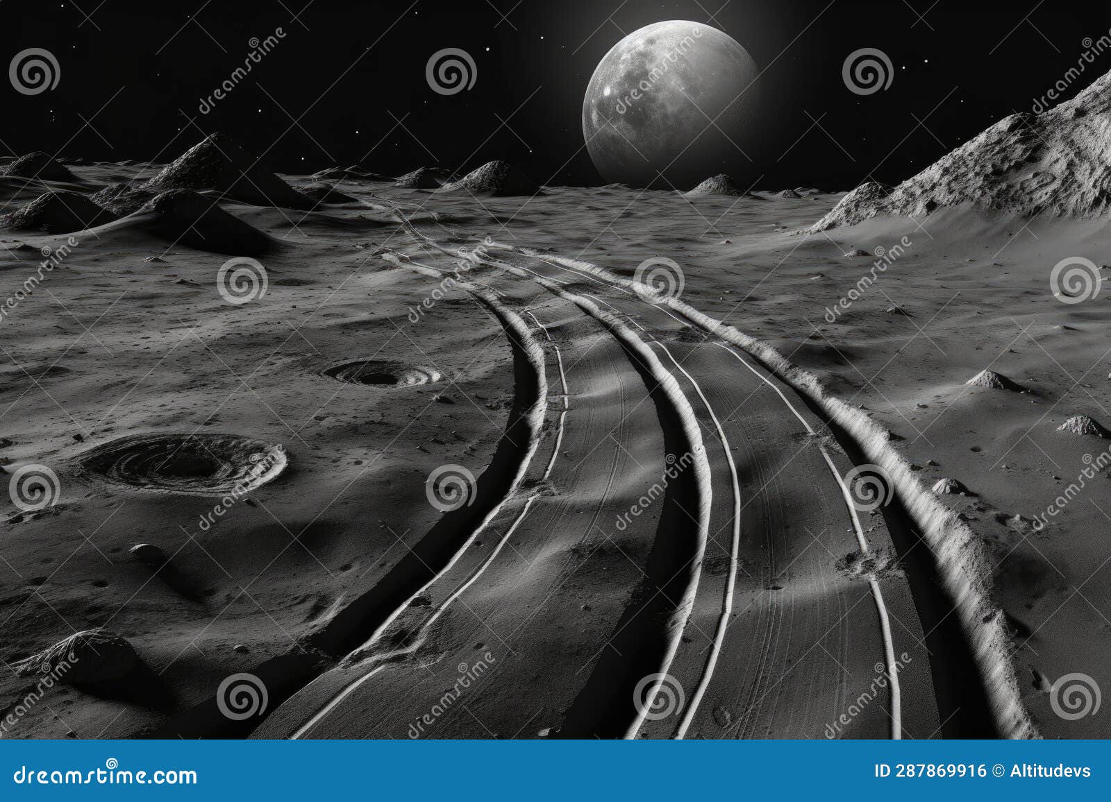 Lunar Rover Tracks Winding through Moons Dusty Surface Stock ...