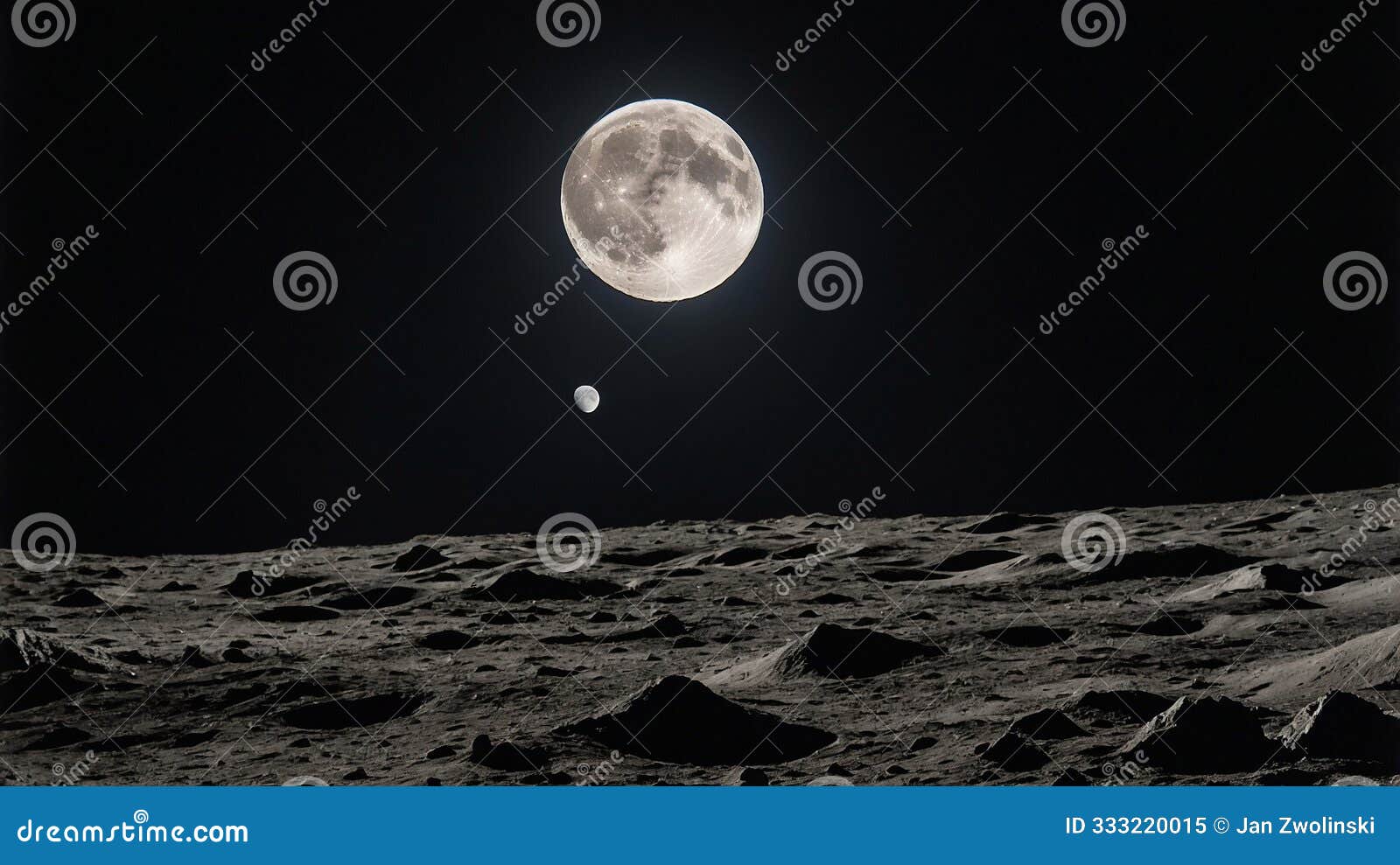 Lunar Surface with Two Moons in the Sky, One Large and One Small ...