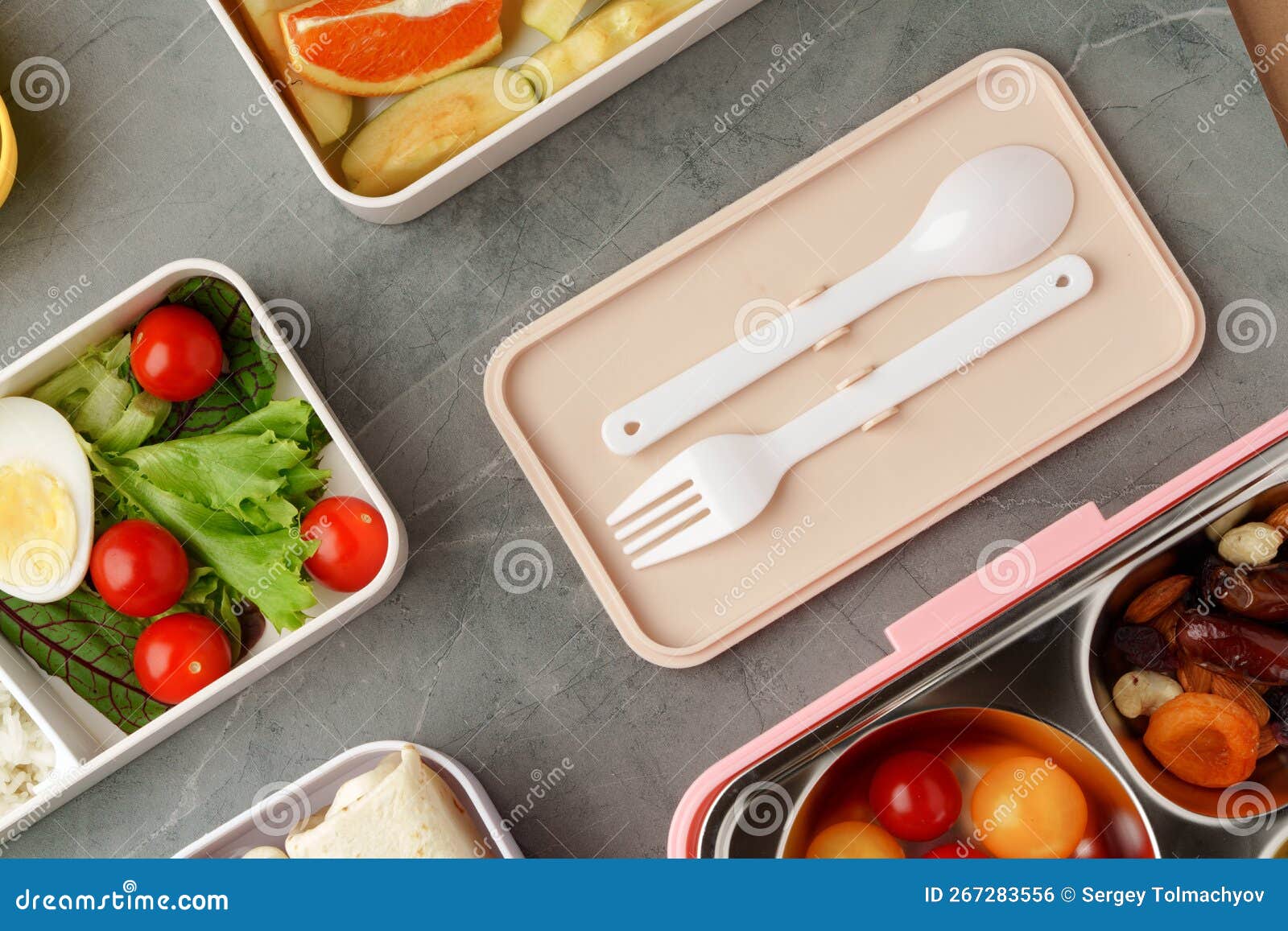 Lunch Box with Ready Food on Gray Background Stock Photo - Image of ...