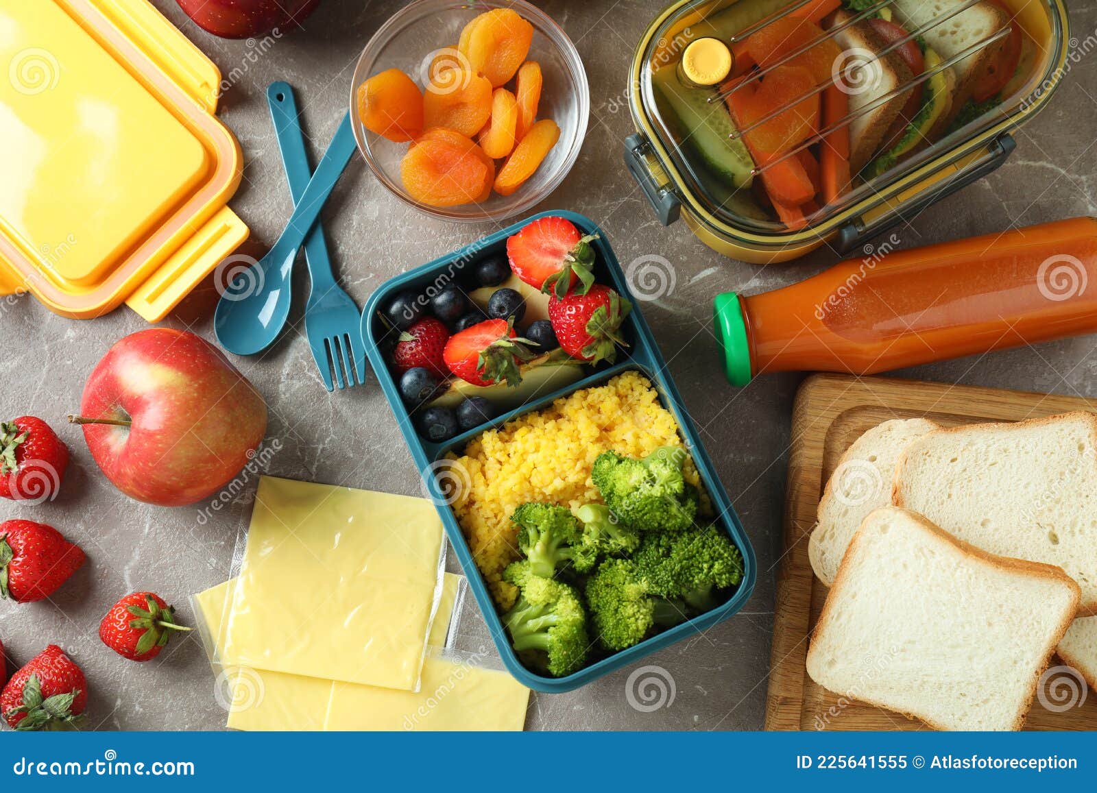Lunch Boxes with Tasty Food on Gray Textured Stock Image - Image of ...