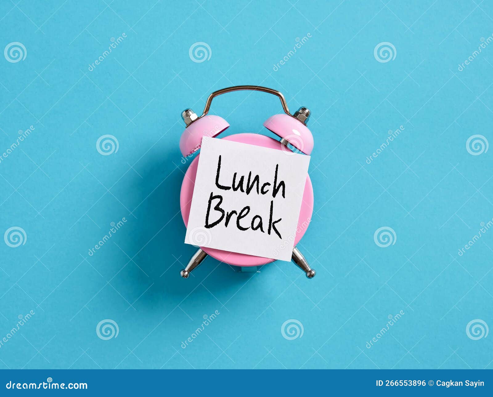 Lunch Break Time Reminder or Notice Message. Pink Alarm Clock with a ...