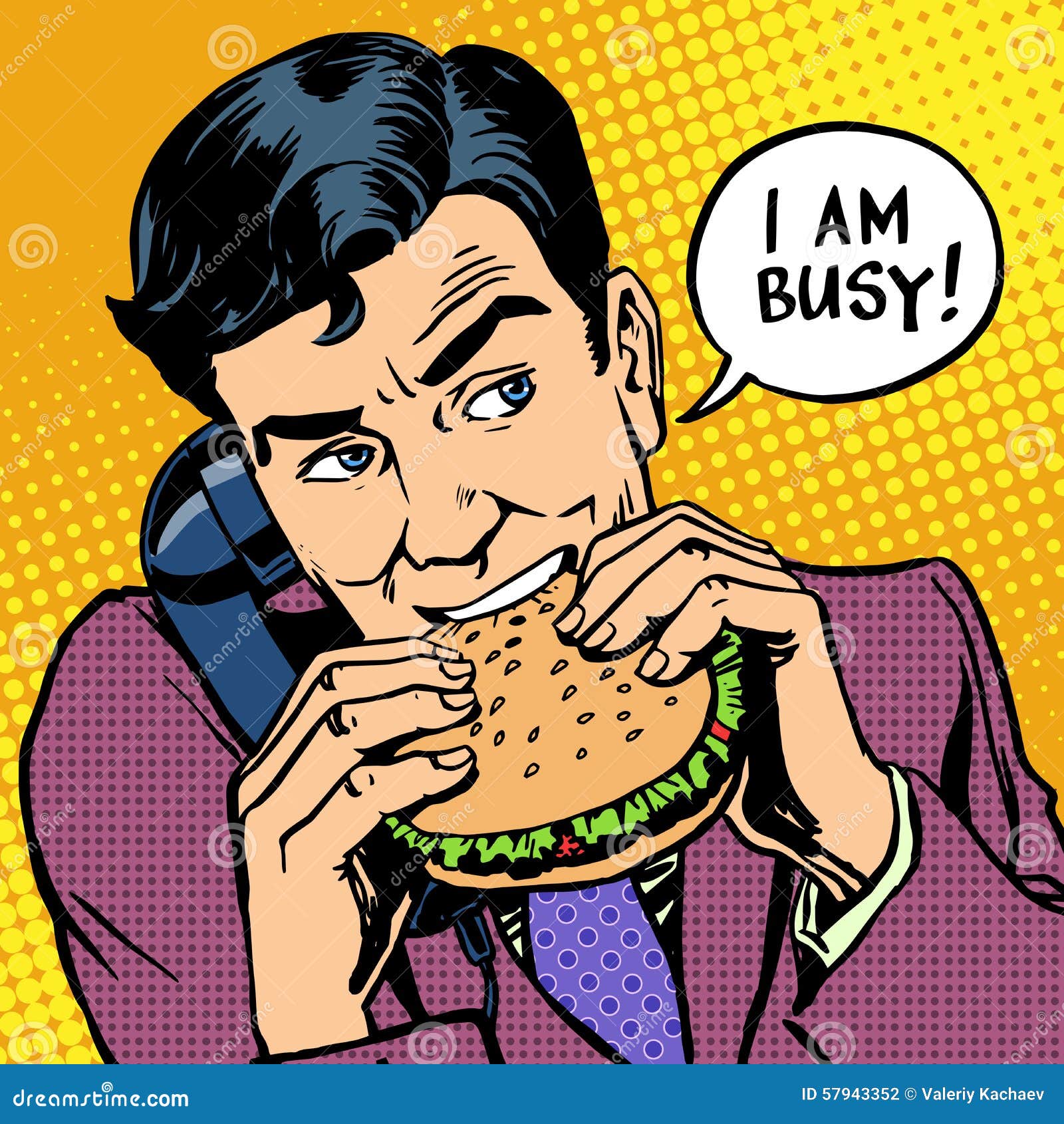 Lunch Fast Food Man Eating a Burger and Talking on Stock Vector ...