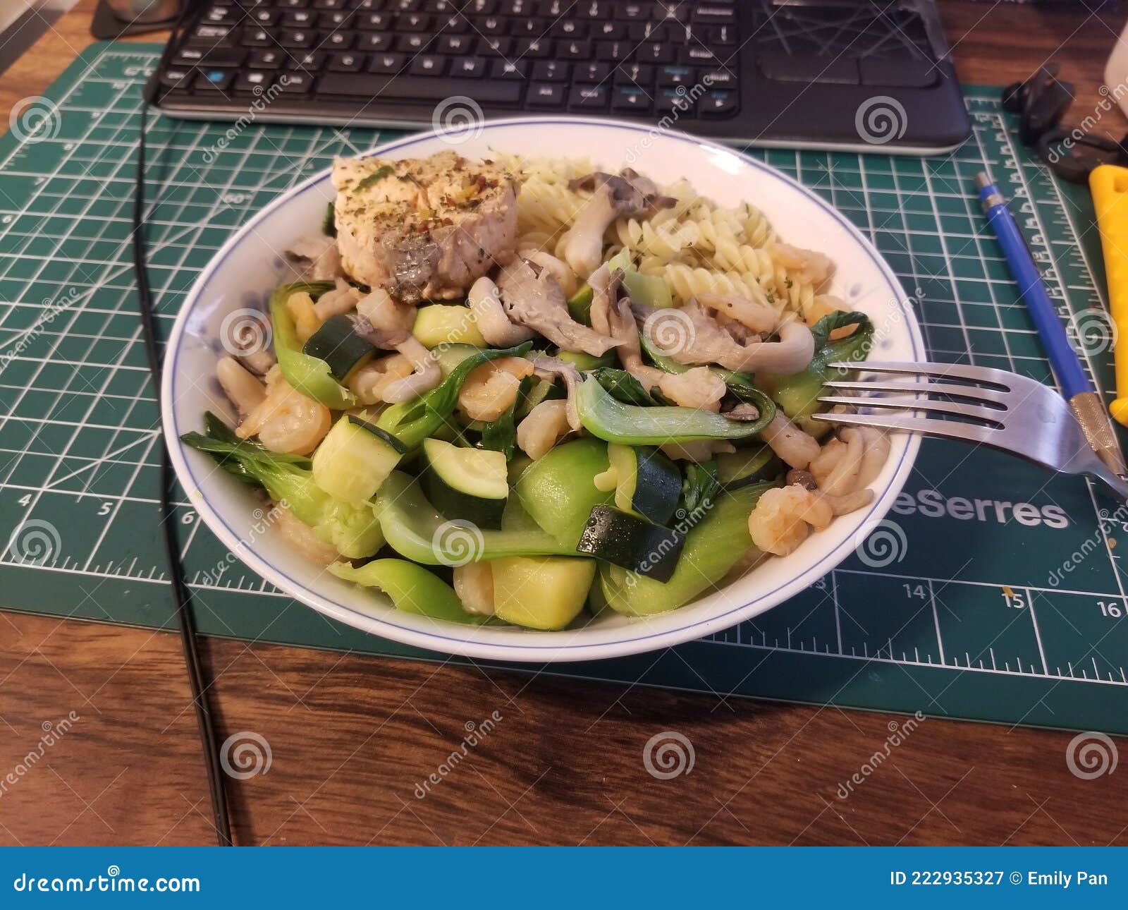 Lunch in Front of the Computer Stock Image - Image of fish, produce ...