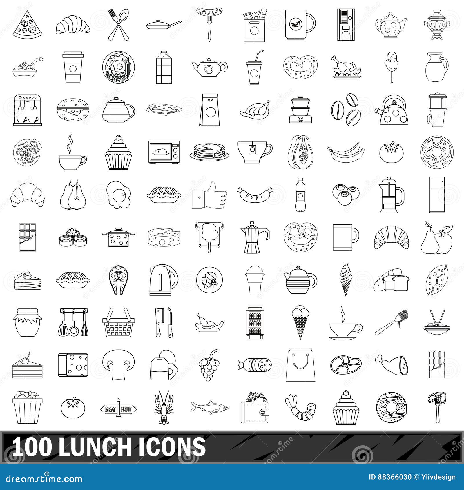100 Lunch Icons Set, Outline Style Stock Vector - Illustration of milk ...
