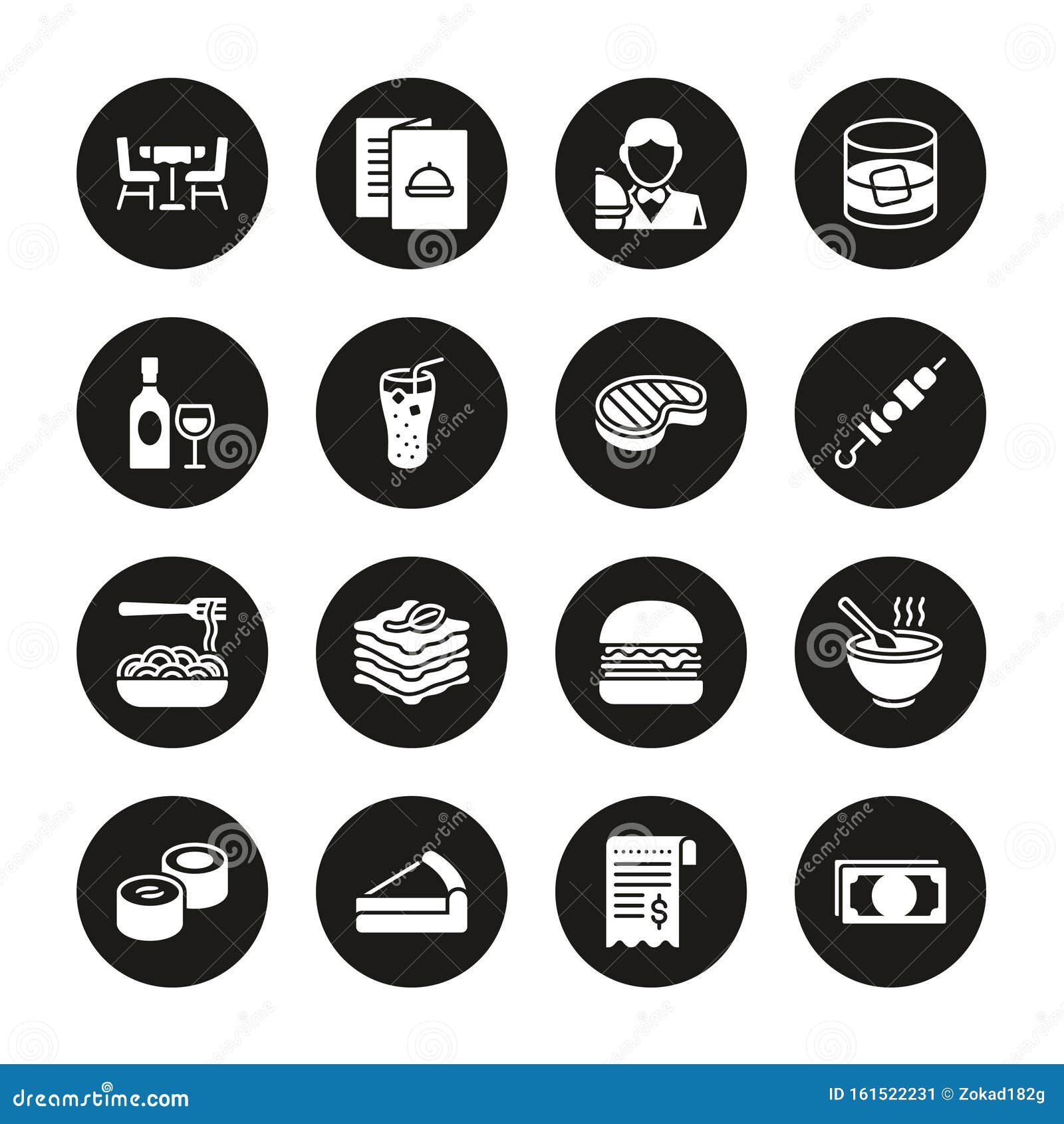 Lunch Icons White on Black Circle Set Stock Vector - Illustration of ...