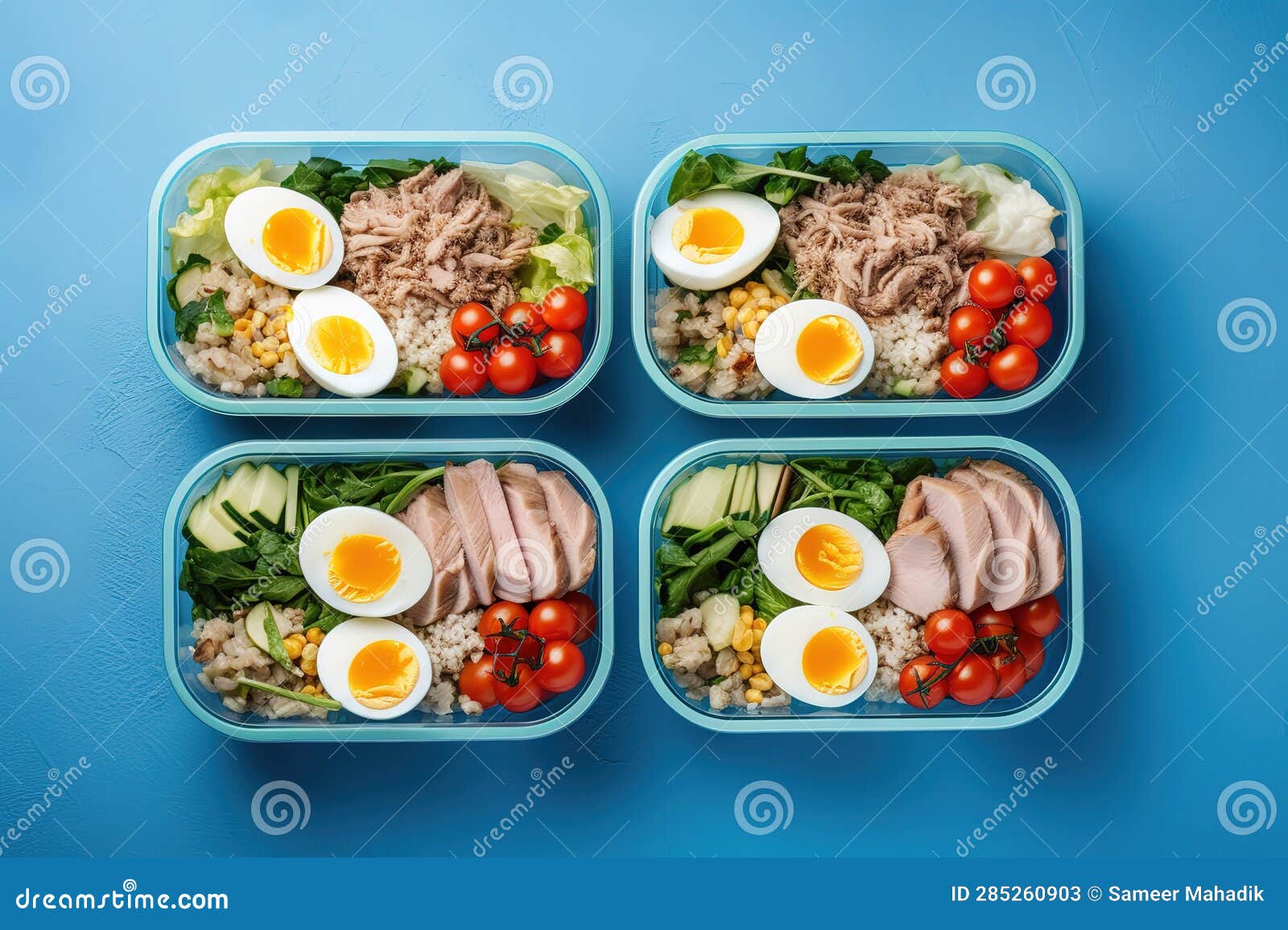 Lunch Meal in a Blue Lunch Box with Salad and Boiled Eggs. Generative ...