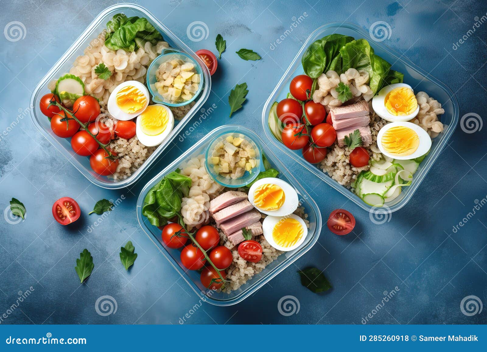 Lunch Meal in a Blue Lunch Box with Salad and Boiled Eggs. Generative ...