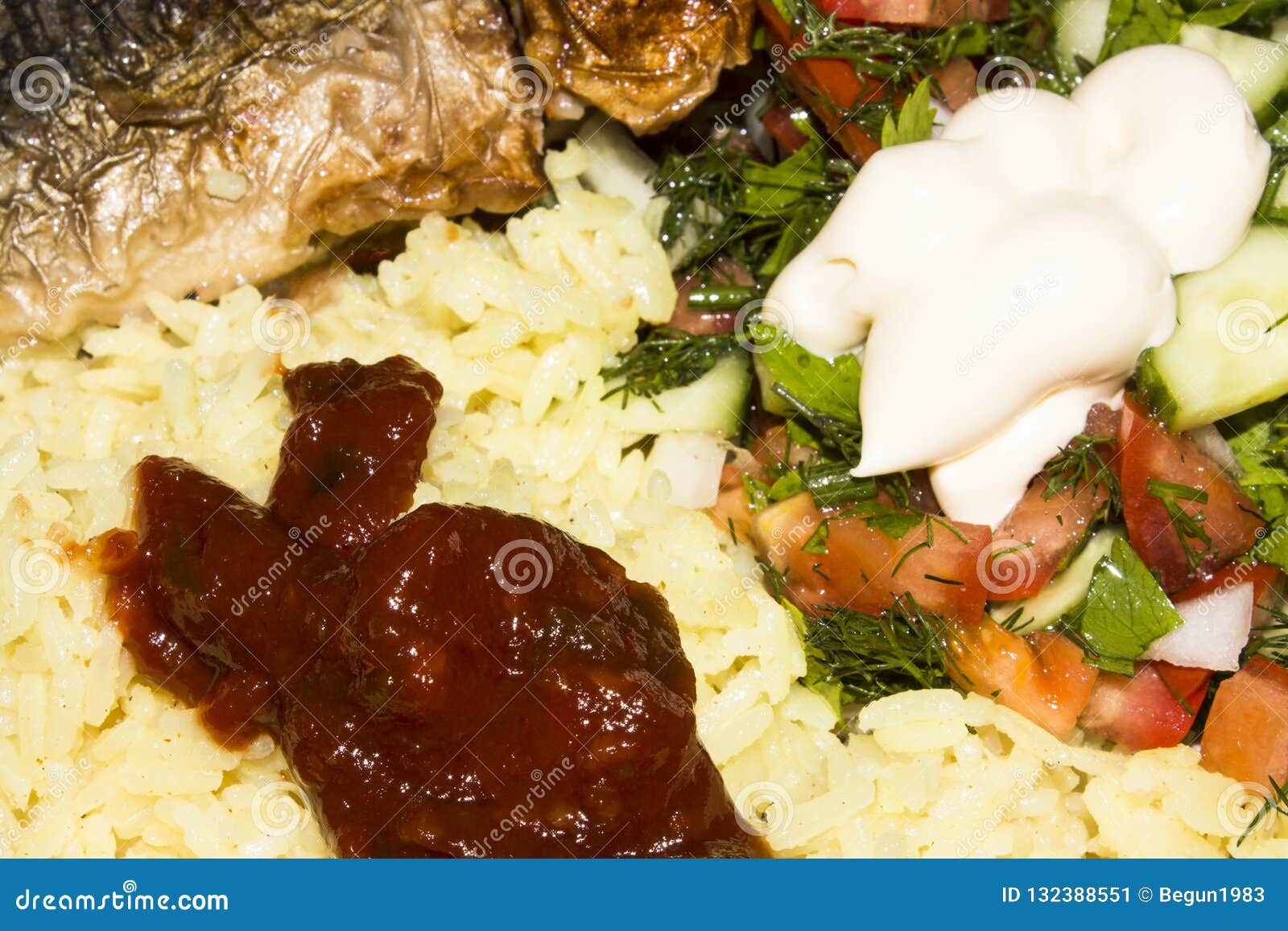Lunch of Rice, Fish and Salad. Stock Image - Image of eating, ketchup ...
