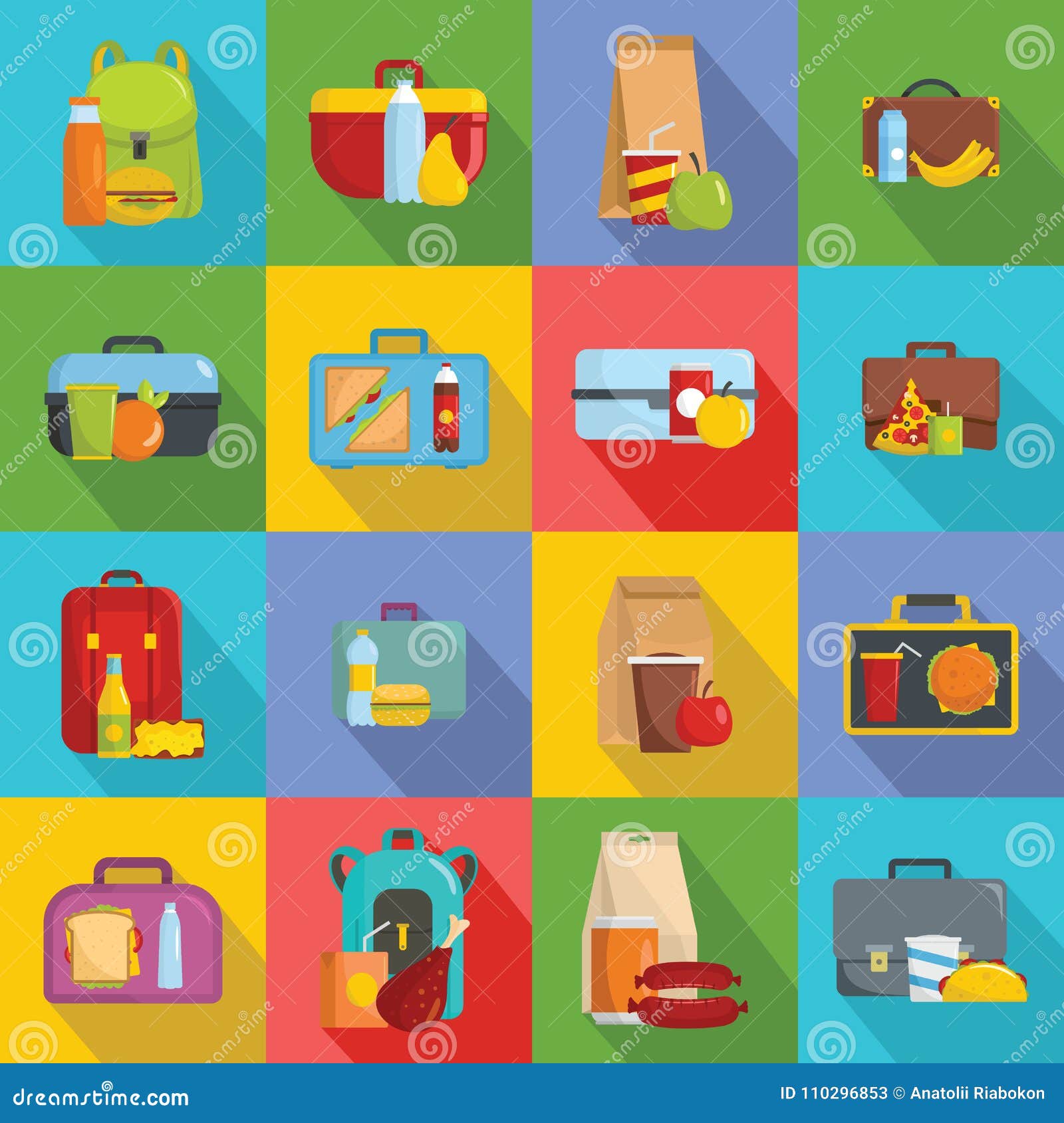 Lunchbox Food Icons Set, Flat Style Stock Vector - Illustration of ...