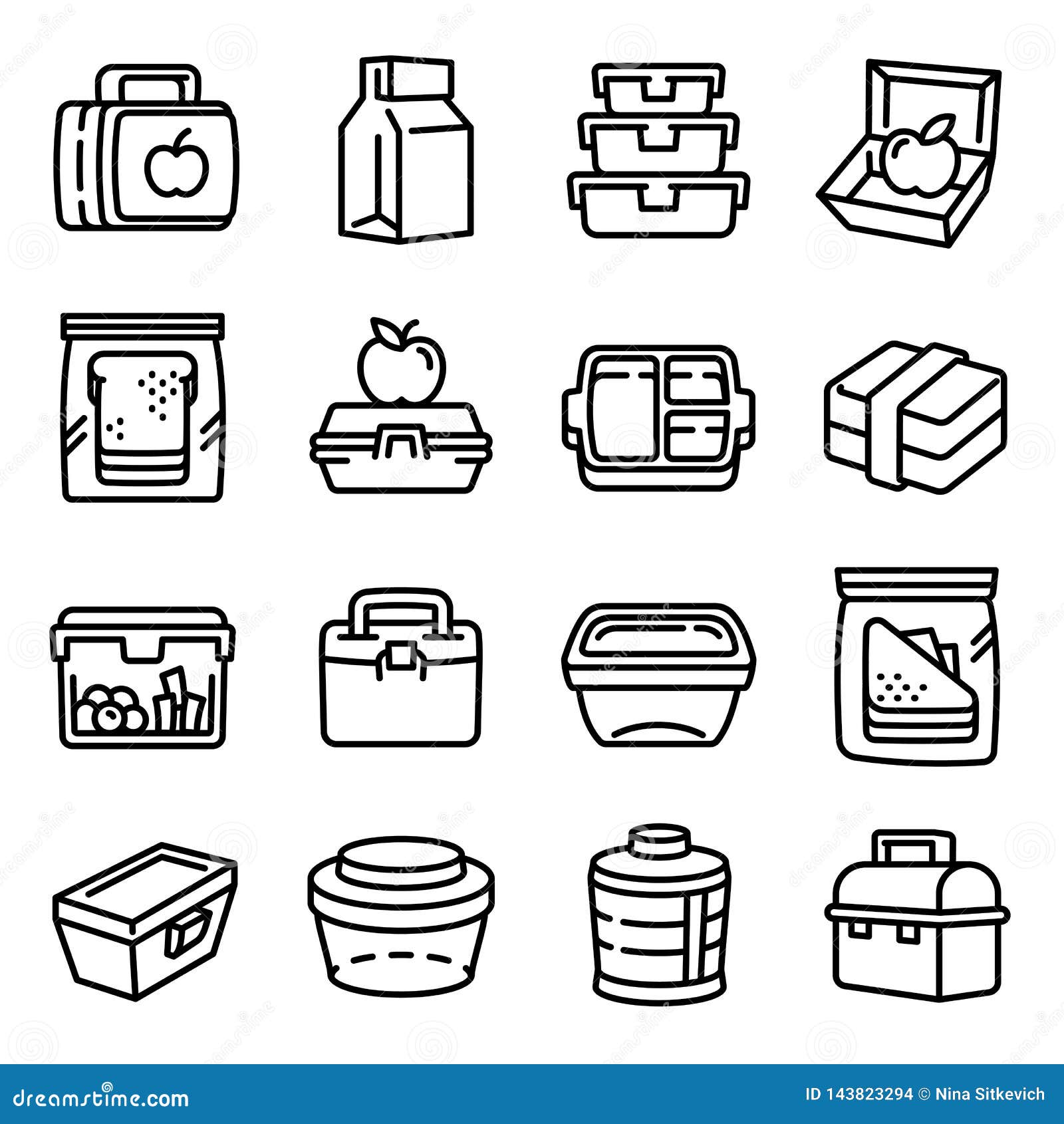 Lunchbox Icons Set, Outline Style Stock Vector - Illustration of apple ...