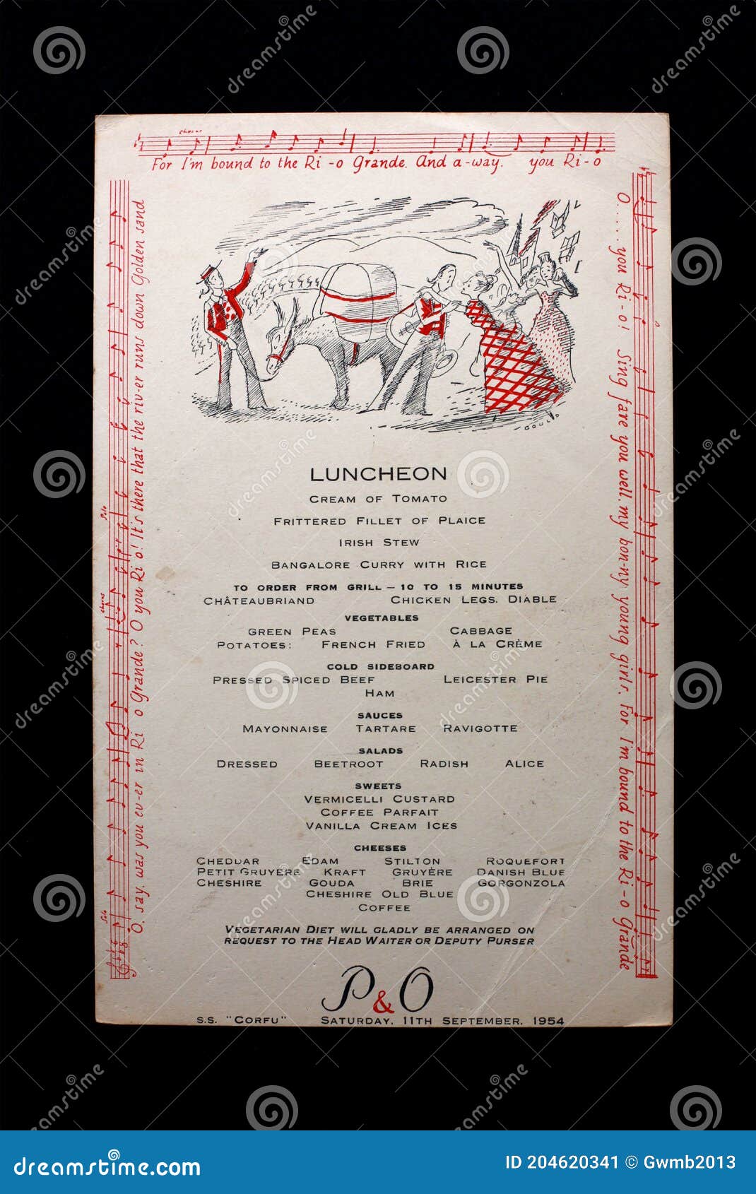 Luncheon Menu for the S.S. Corfu in 1954. Editorial Photo - Image of ...