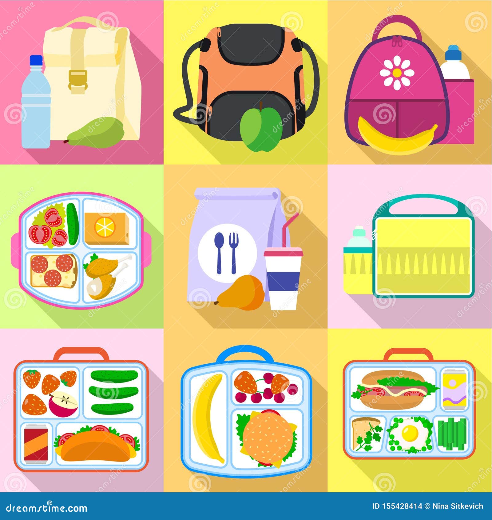 Lunchtime Bag Icon Set, Flat Style Stock Vector - Illustration of fruit ...
