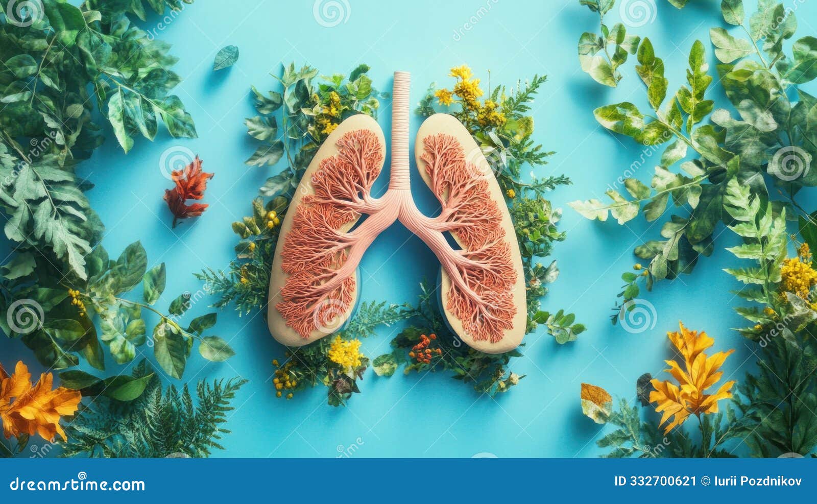 Lungs Formed from Tree Branches Surrounded by Flowers on Blue ...